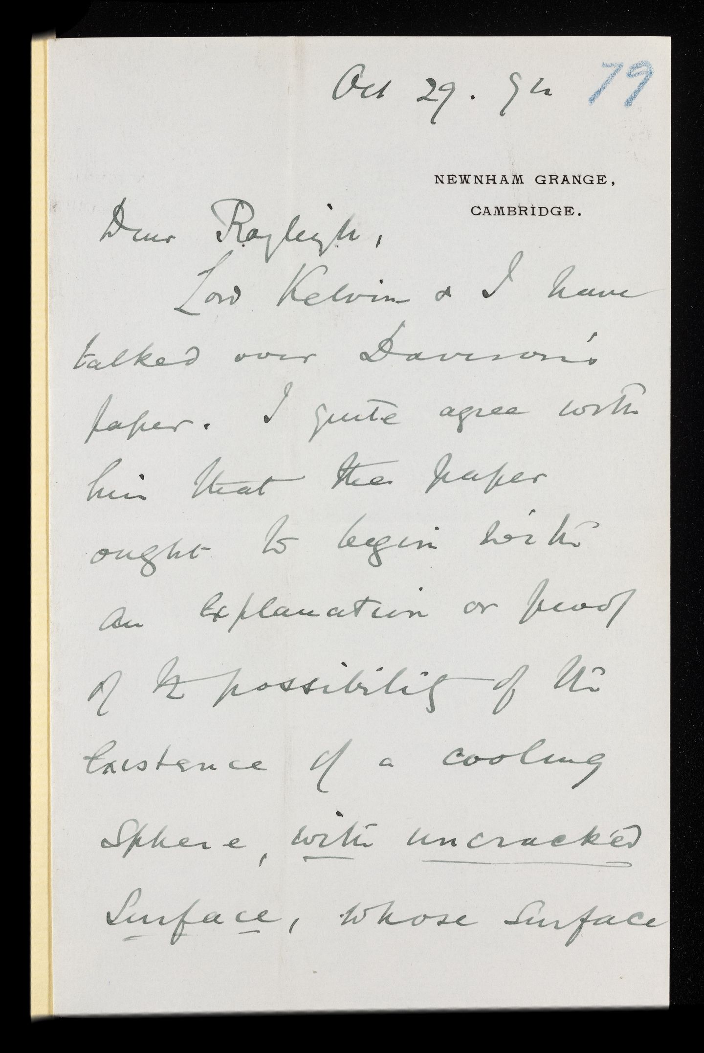 Second letter from George Howard Darwin, to John William Strutt, Lord ...