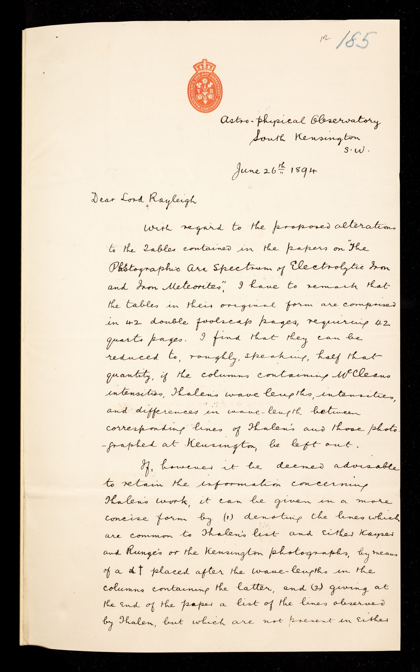 Second letter from Joseph Norman Lockyer, oh his two papers 'On the ...