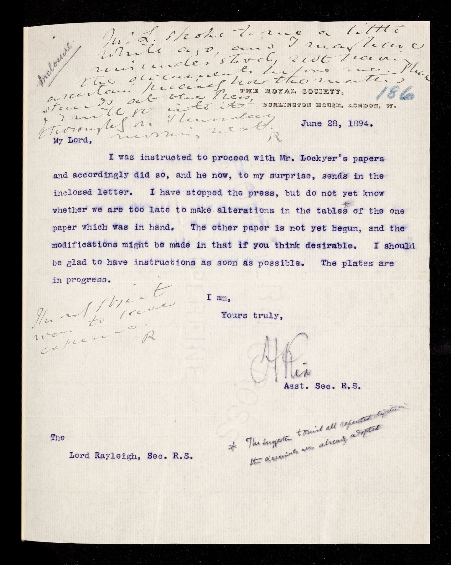 Letter from Herbert Rix, on two papers 'On the photographic arc ...