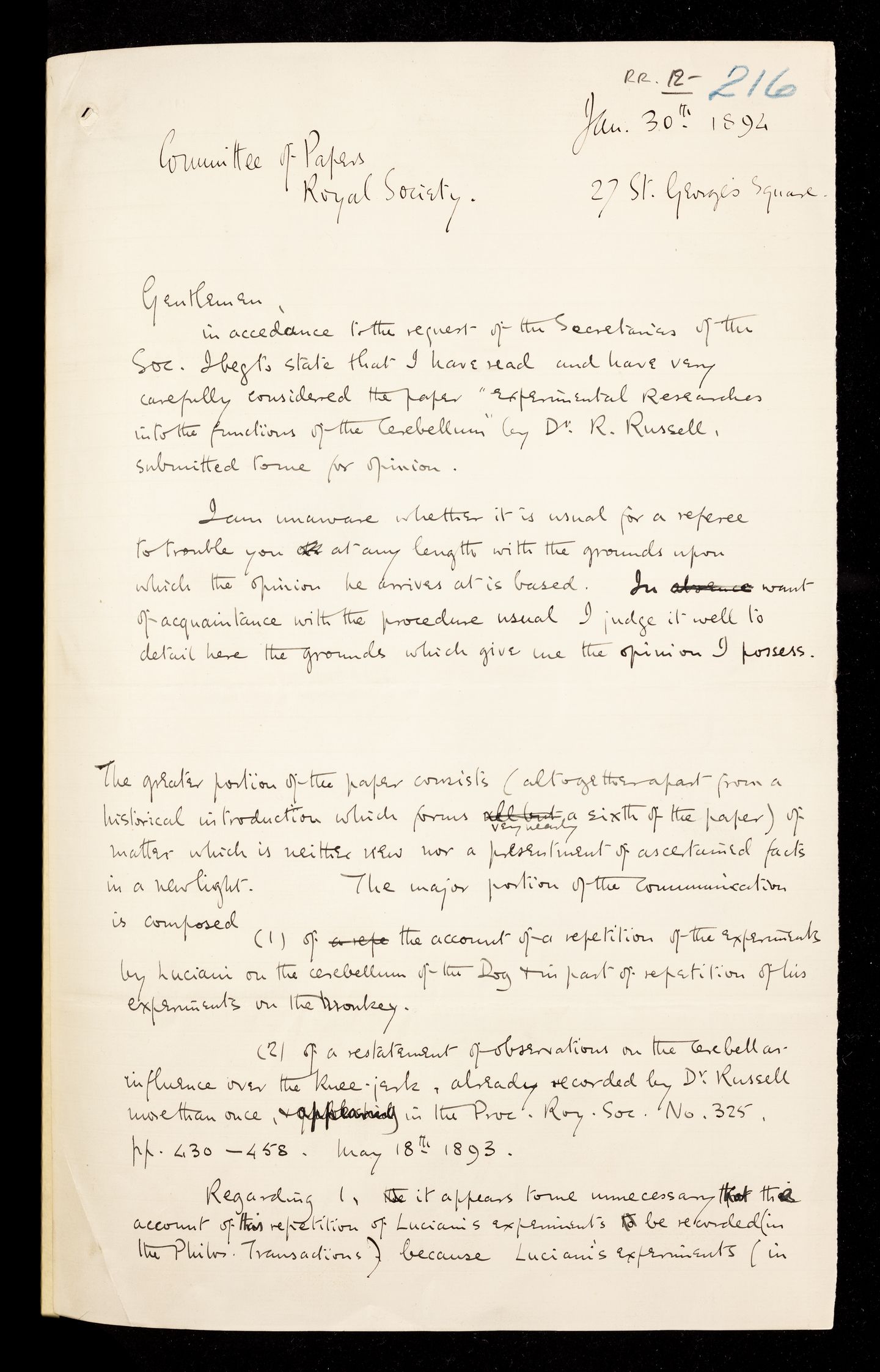 Referee's report by Charles Scott Sherrington, on a paper 'Experimental ...