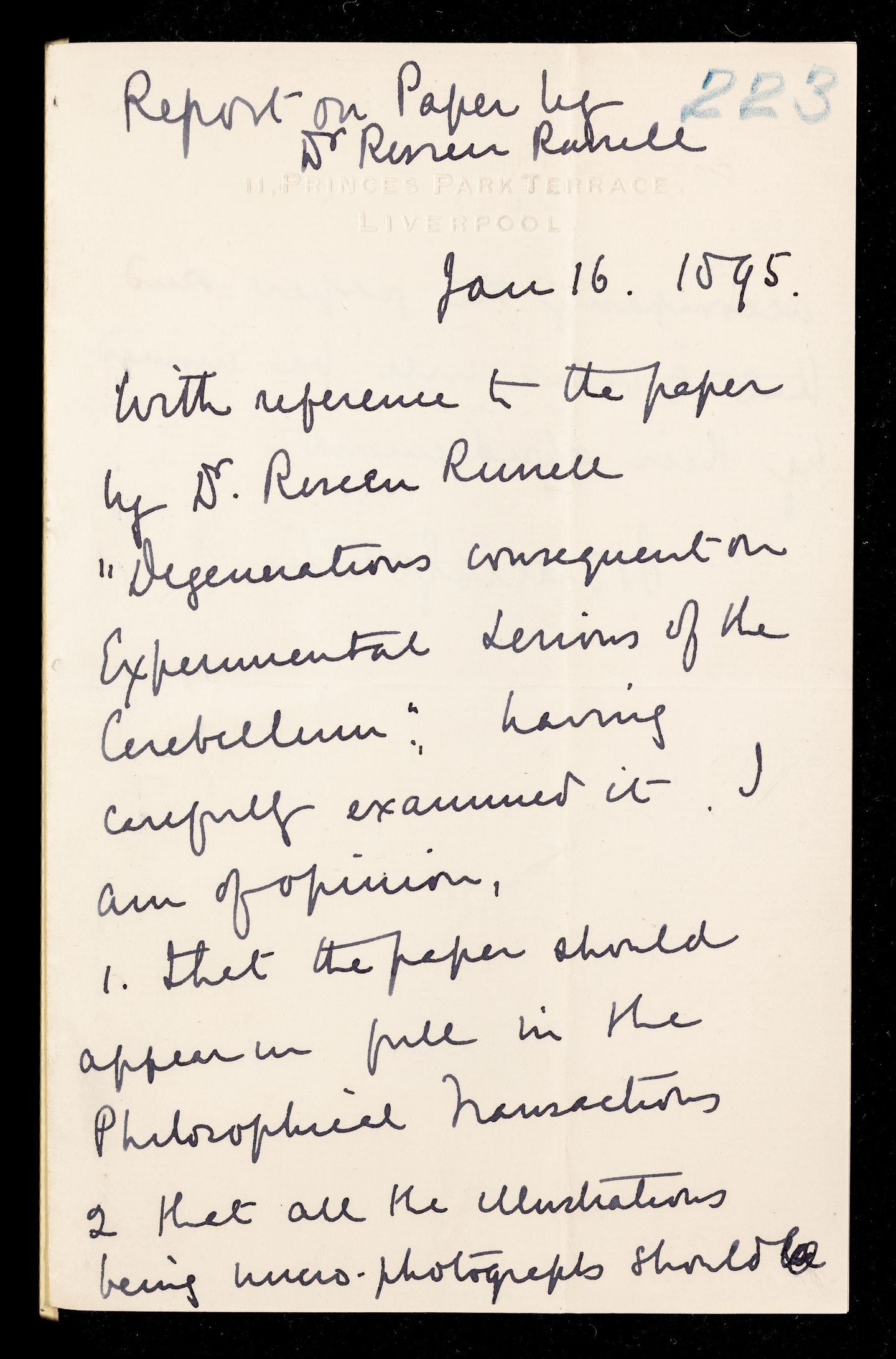 Referee's report by Francis Gotch, on a paper 'Degenerations consequent ...