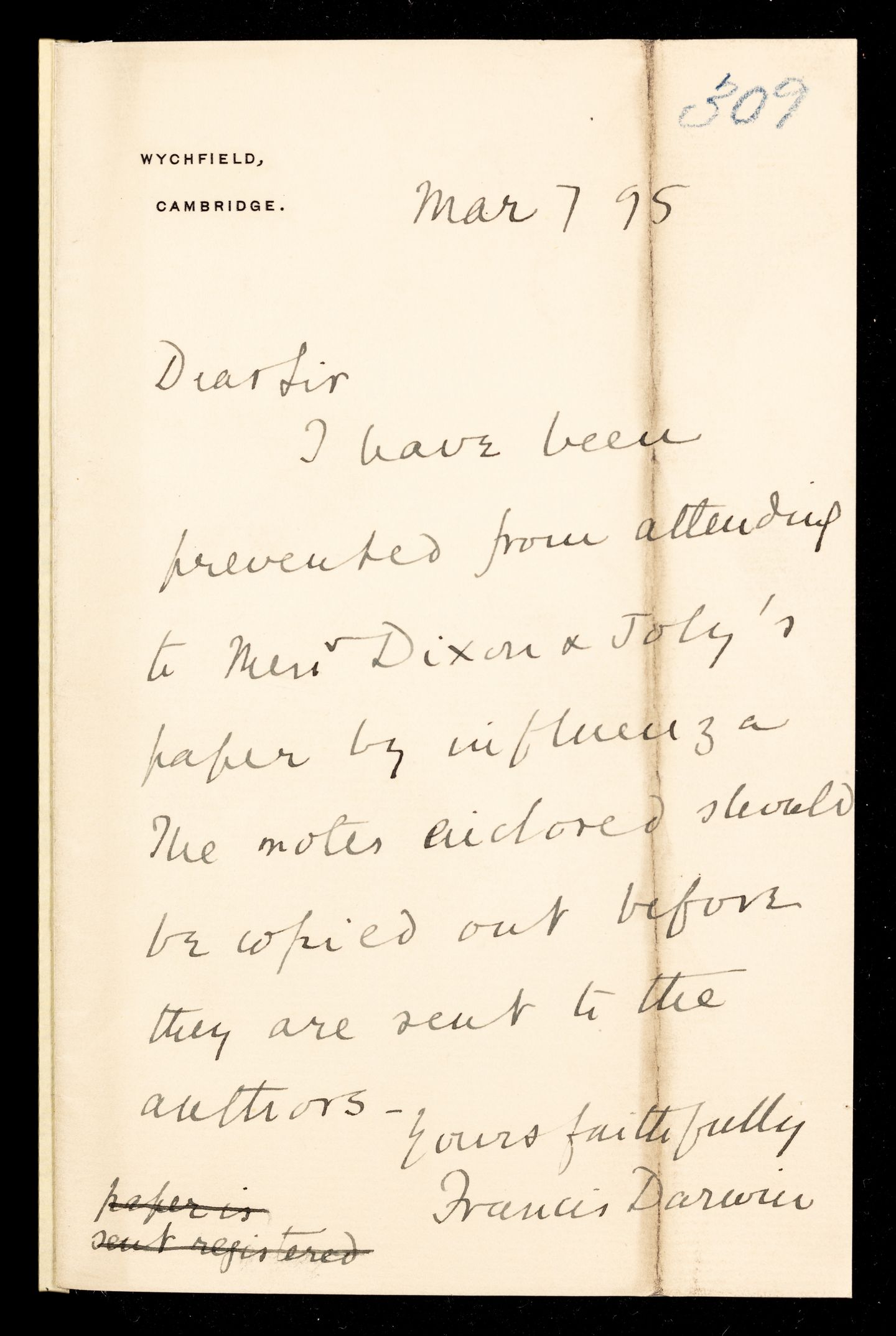 Letter from Francis Darwin, regarding a paper 'On the ascent of sap' by ...