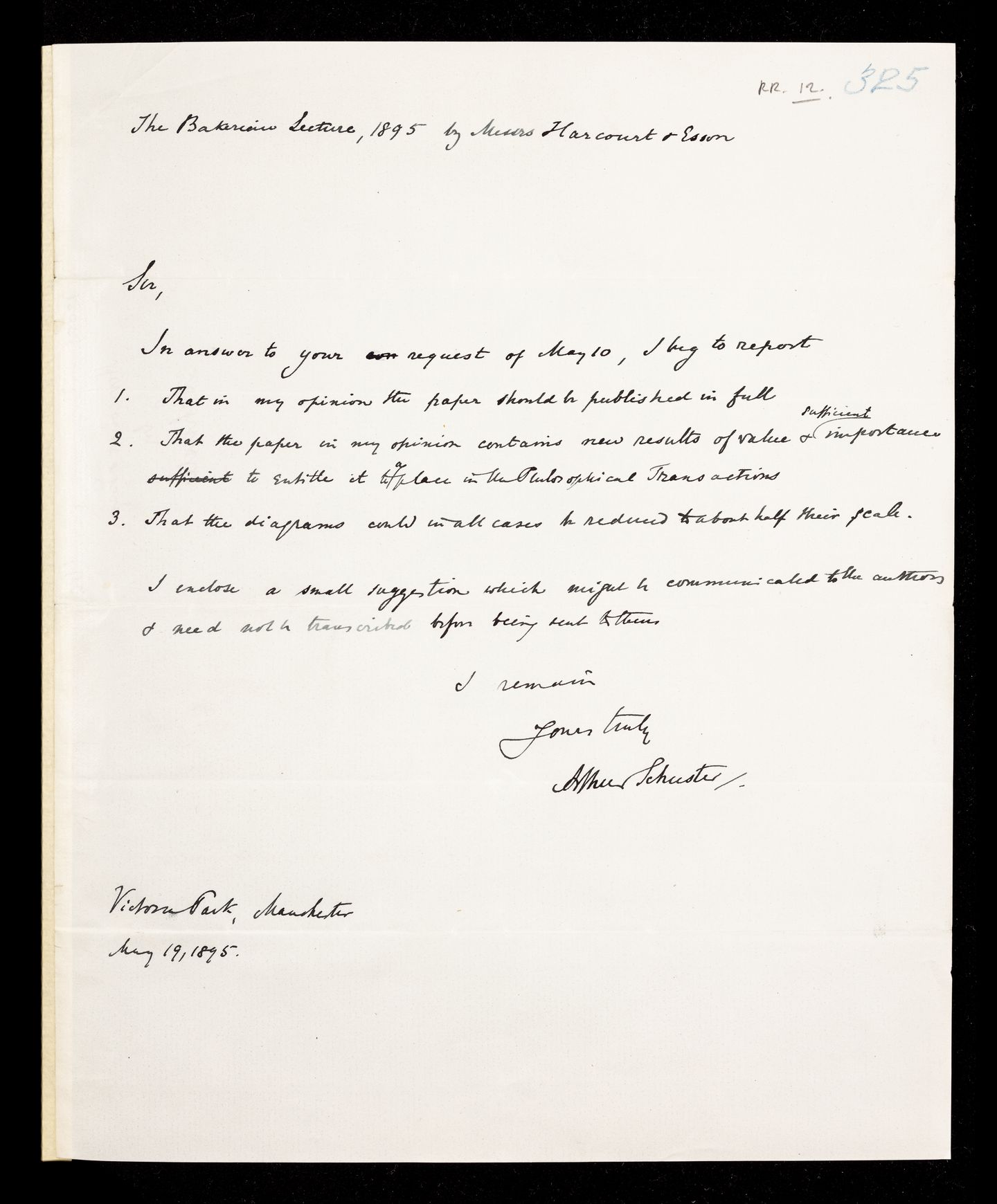 Referee's report by Arthur Schuster, on the Bakerian Lecture 'On the ...