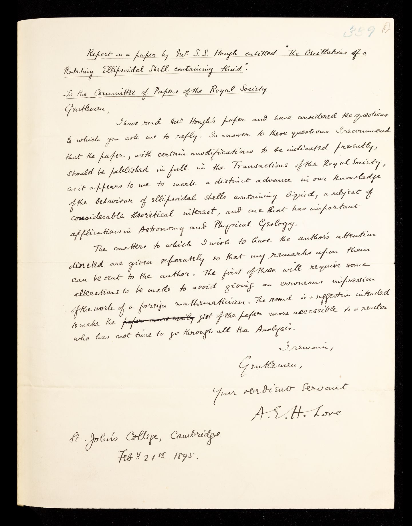 Referee's report by Augustus Edward Hough Love, on a paper 'The ...