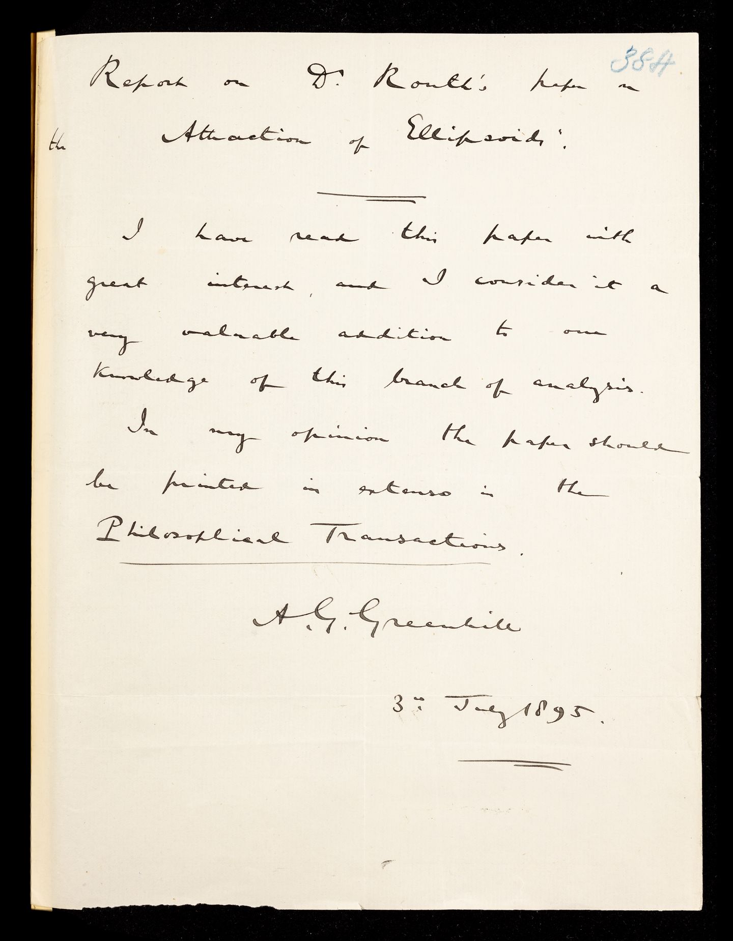 Referee's report by Alfred George Greenhill, on a paper 'Theorems on ...