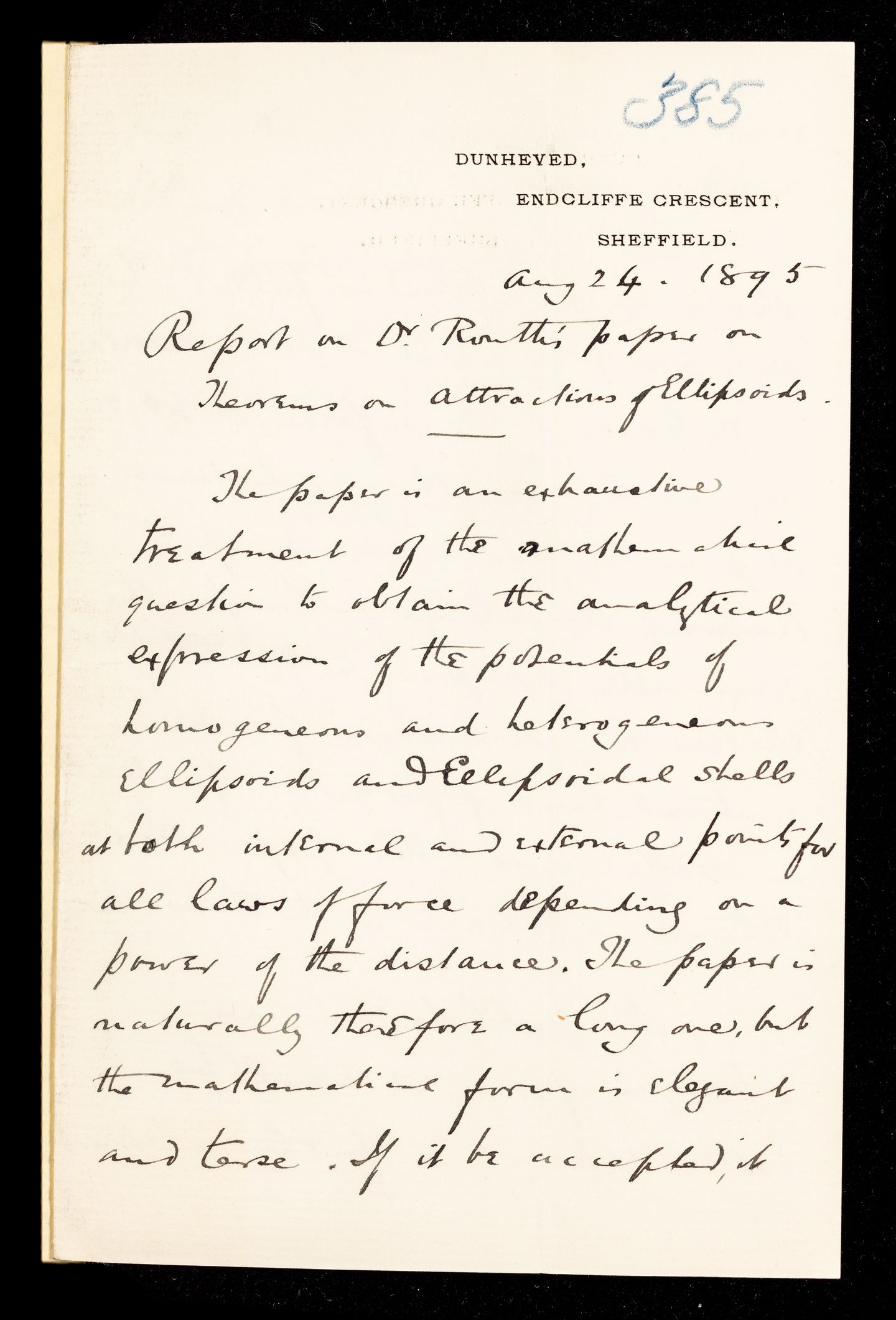 Referee's report by William Mitchinson Hicks, on a paper 'Theorems on ...