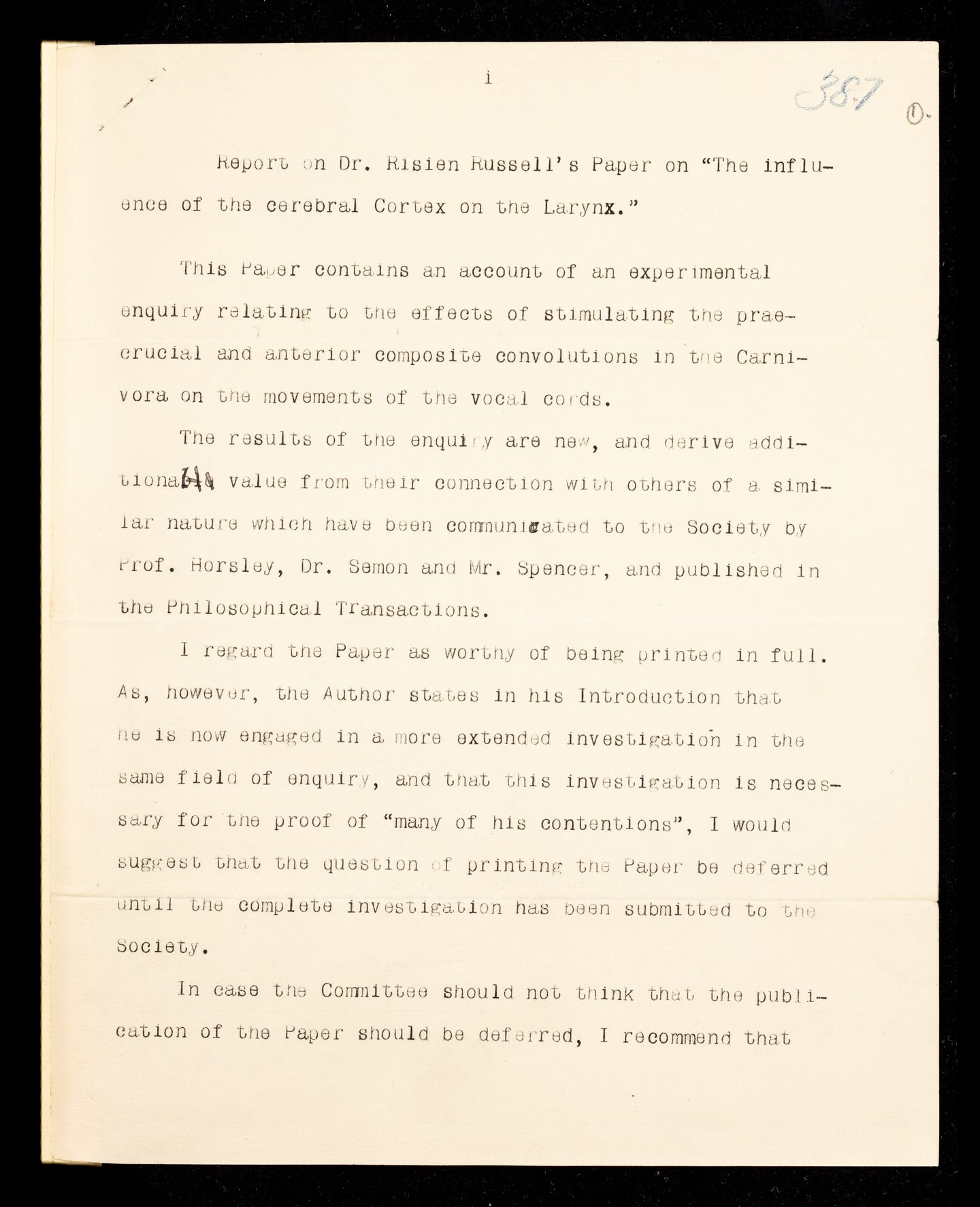 Referee's report by John Scott Burdon-Sanderson, on a paper 'The ...