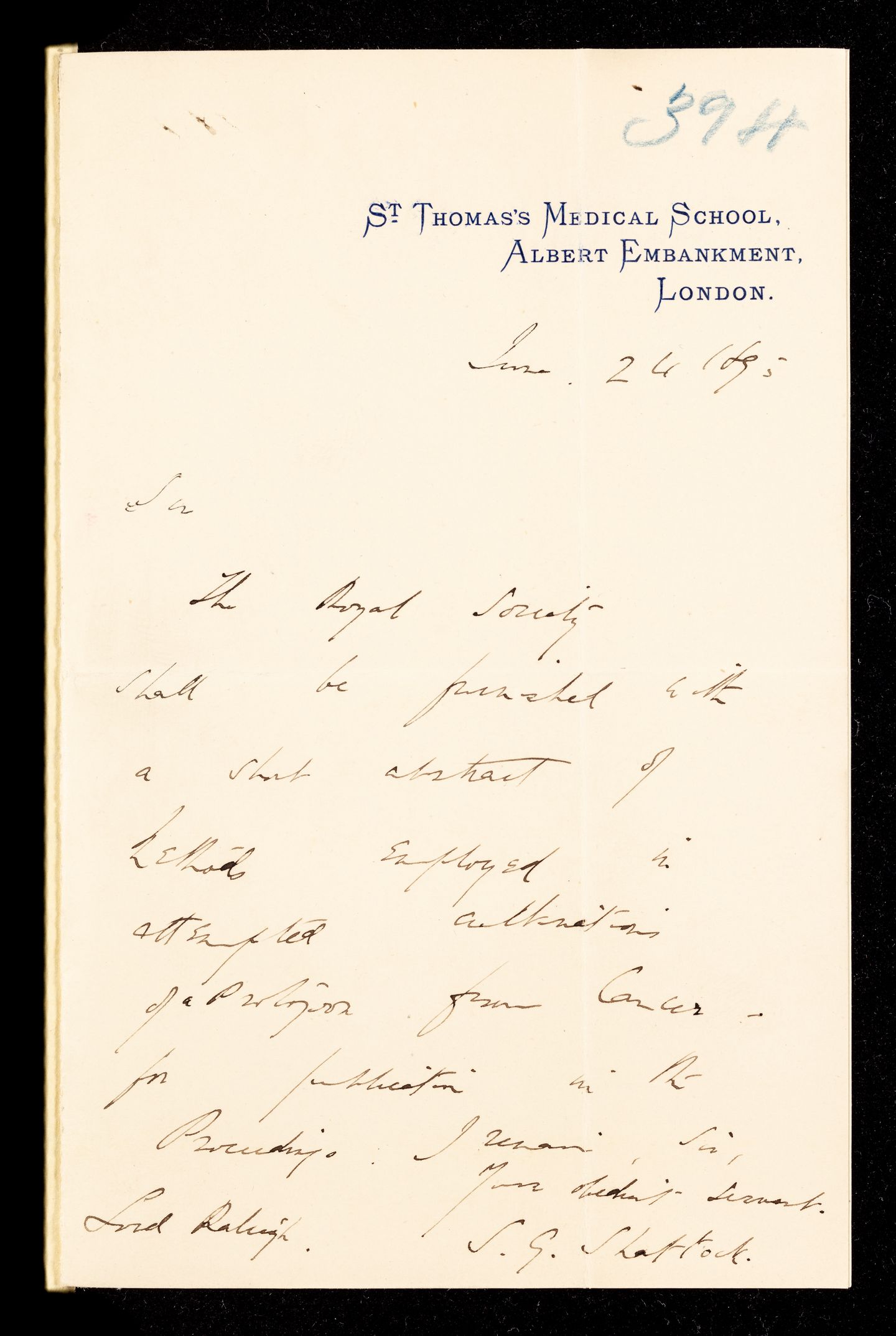 Letter from Samuel George Shattock, on his paper with Charles A ...