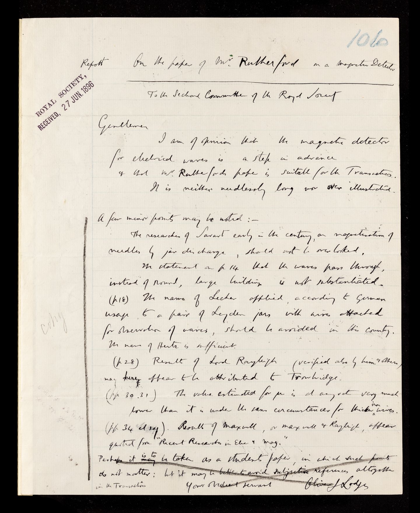 Referee's report by Oliver Joseph Lodge, on a paper 'A magnetic ...