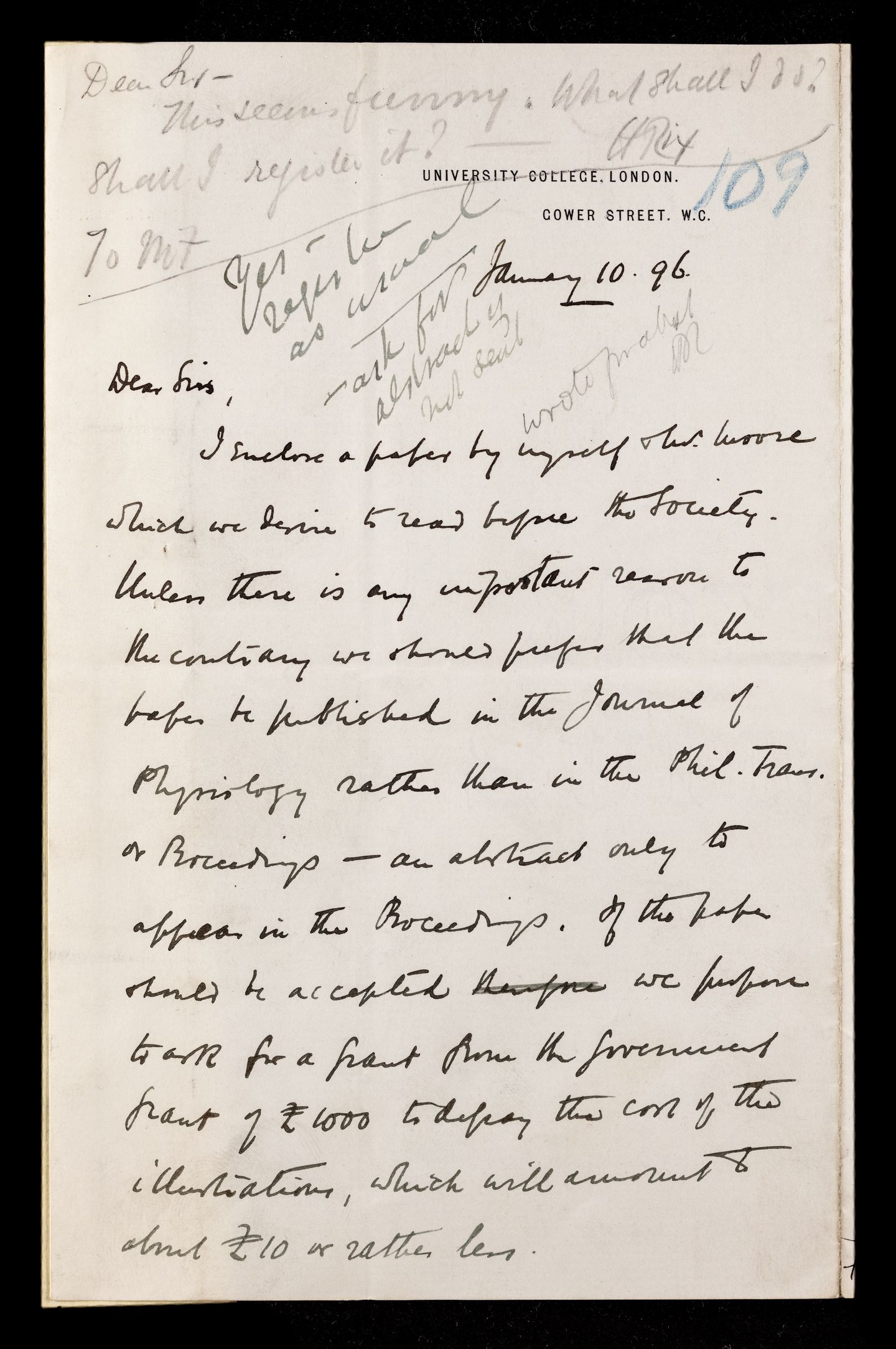 Letter from Edward Albert Sharpey-Schafer, on his paper with Benjamin ...
