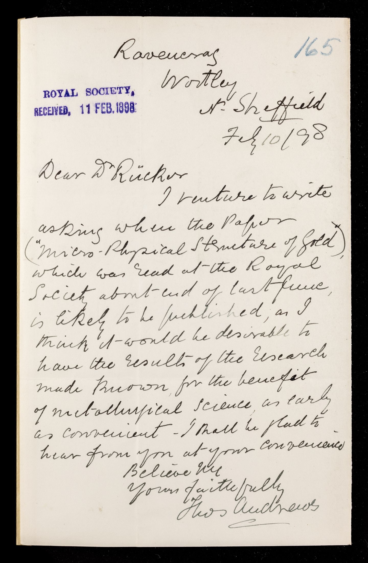 Letter from Thomas Andrews, on his paper 'On micro-physical structure ...