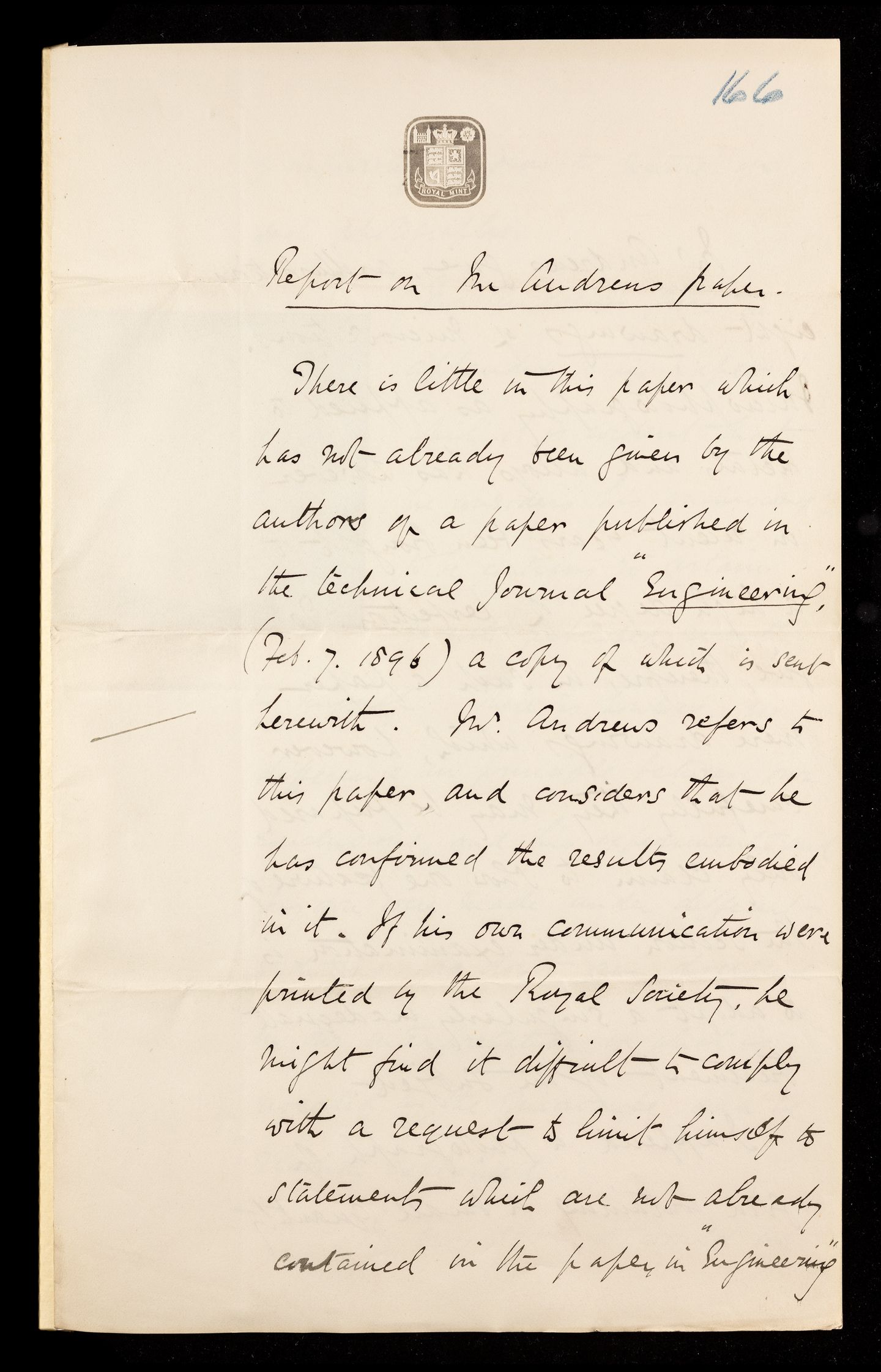Referee's report by William Chandler Roberts-Austen, on his paper 'On ...