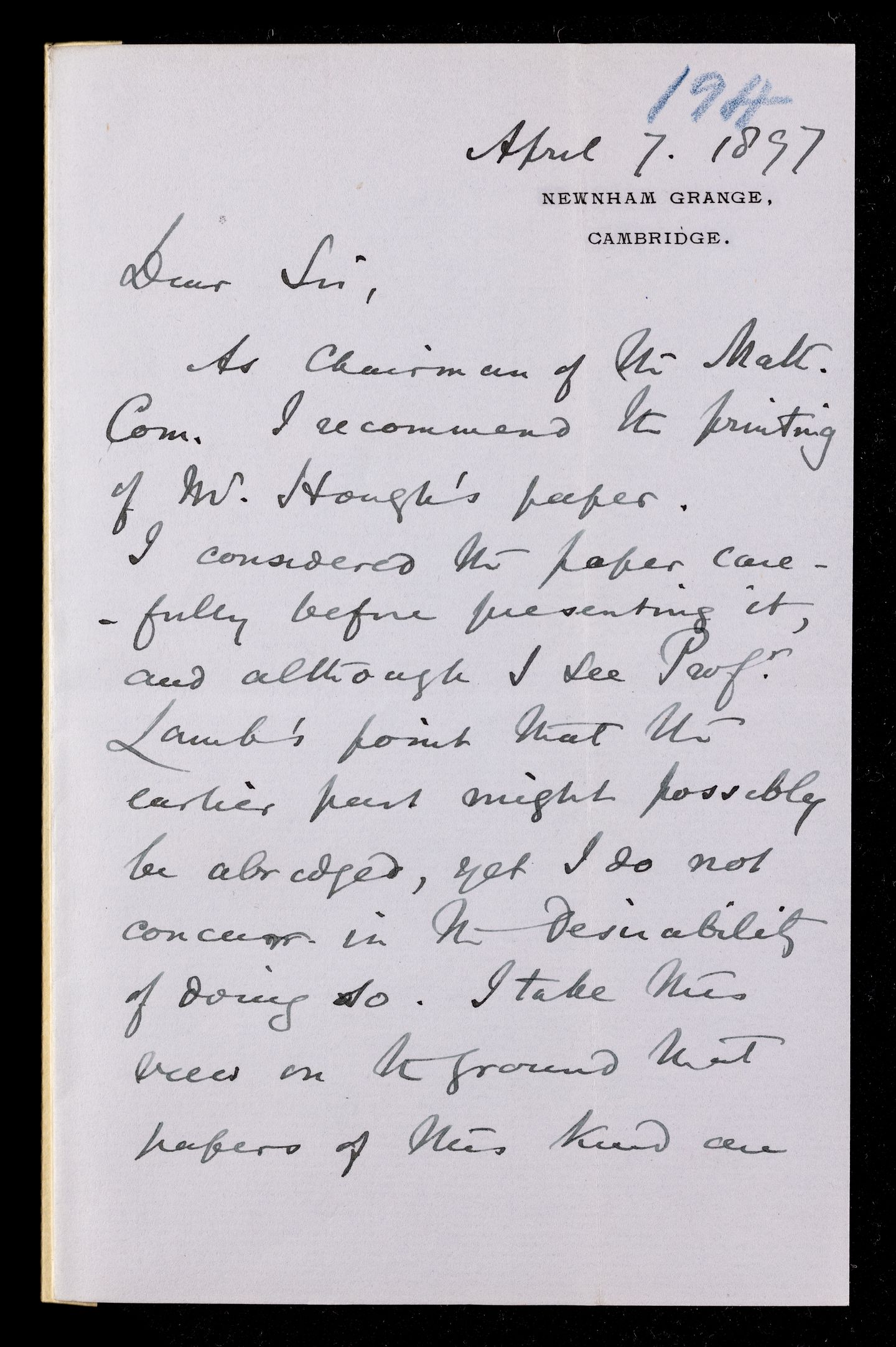 Referee's report by George Howard Darwin, on a paper 'On the ...
