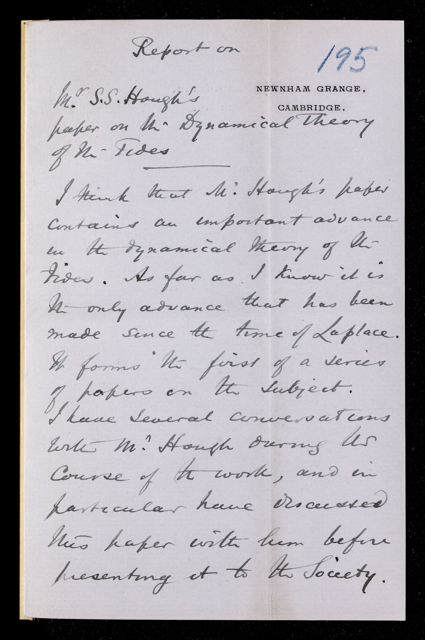 Referee's report by George Howard Darwin, on a paper 'On the ...