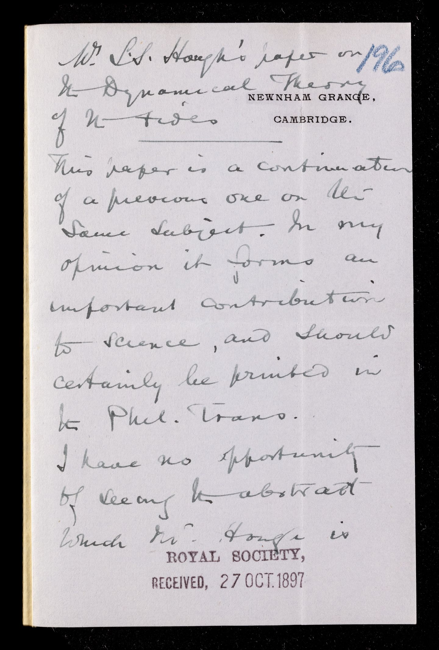 Referee's report by George Howard Darwin, on a paper 'On the ...