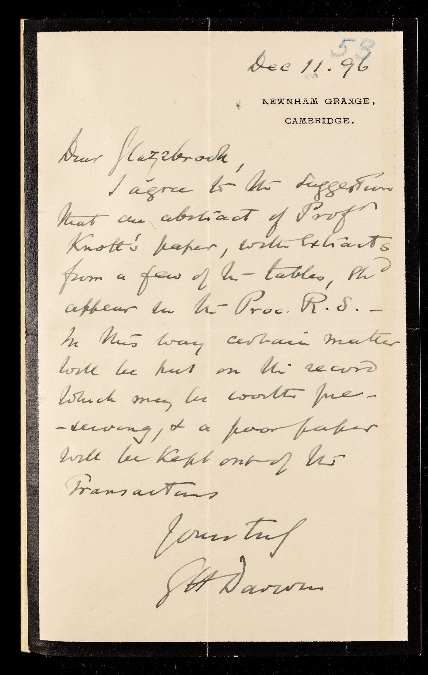 Letter from George Howard Darwin, on a paper 'On lunar periodicities in ...