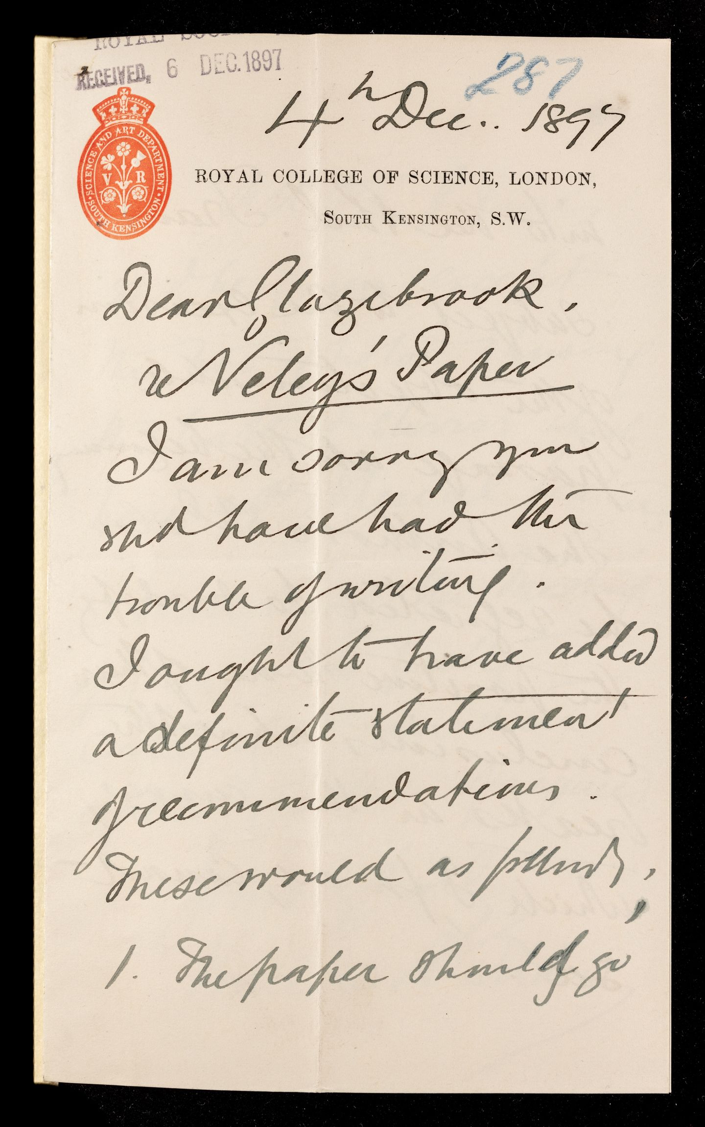 Letter from William Augustus Tilden, on a paper 'The electric ...