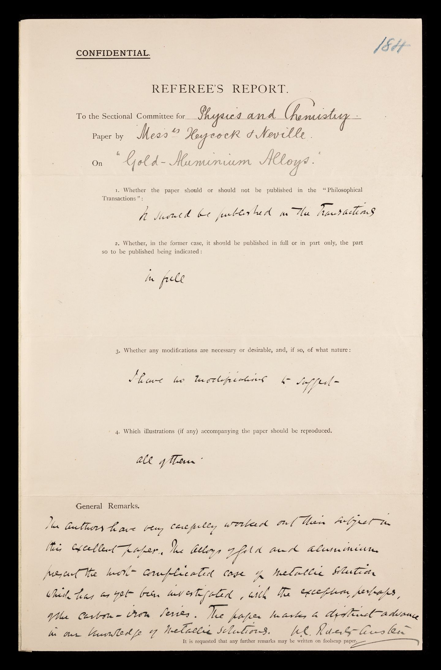 Referee's report by William Chandler Roberts-Austen, on a paper 'Gold ...