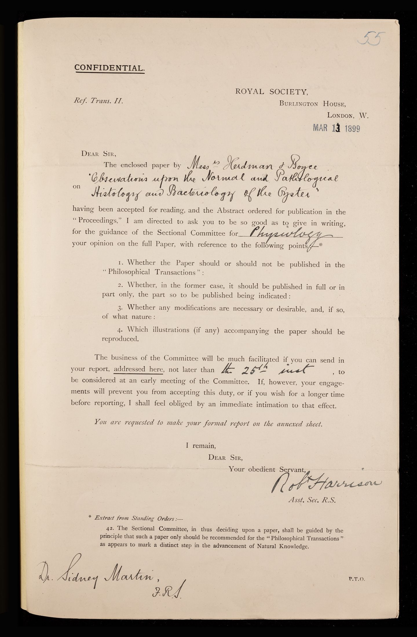 Referee's report by Sidney Harris Cox Martin, on a paper 'Observations ...