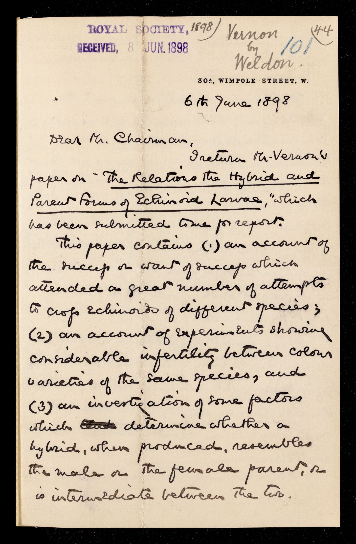 Referee's report by Walter Frank Raphael Weldon, on a paper 'The ...