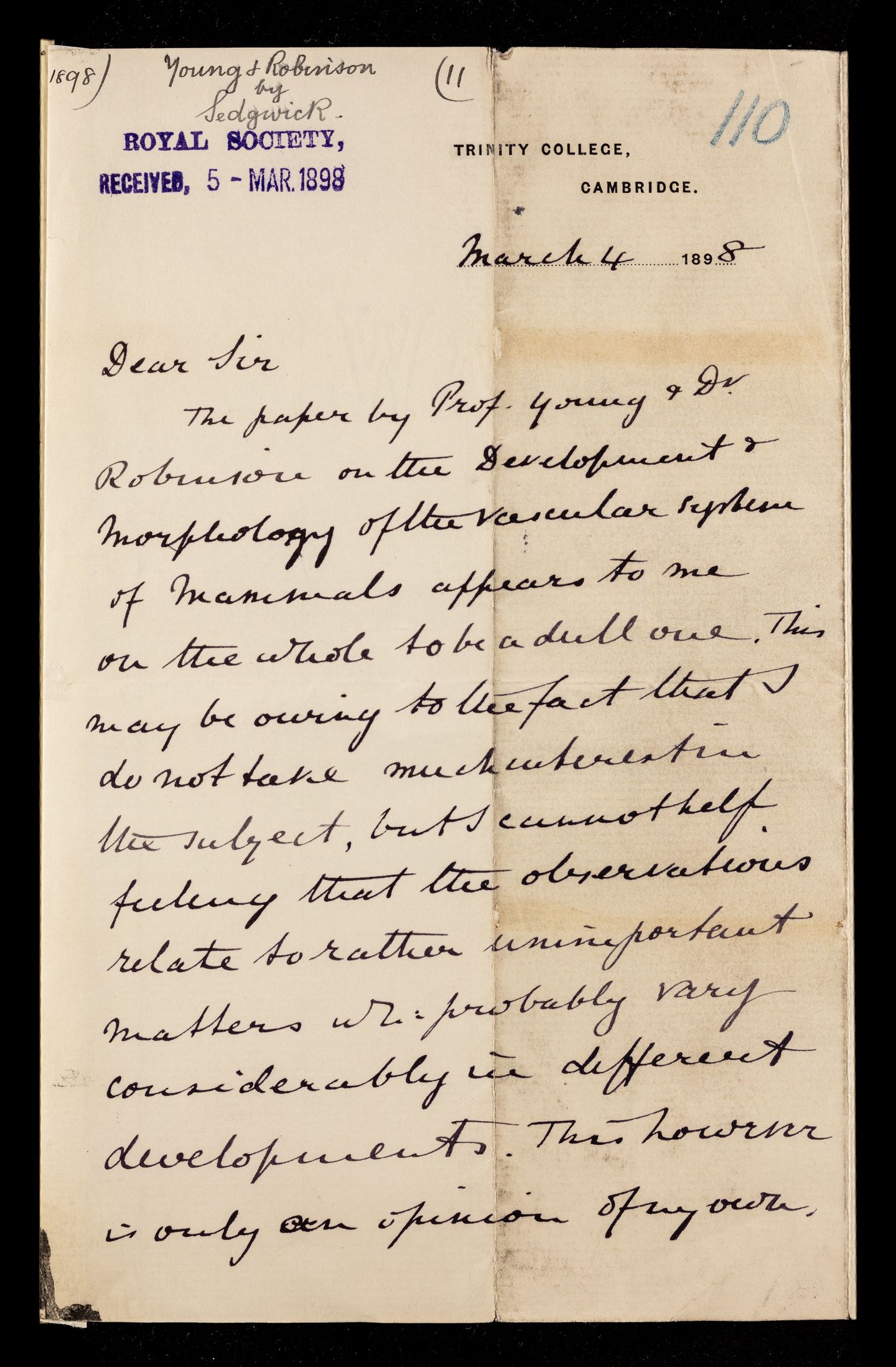 Referee's report by Adam Sedgwick, on a paper 'The development and ...