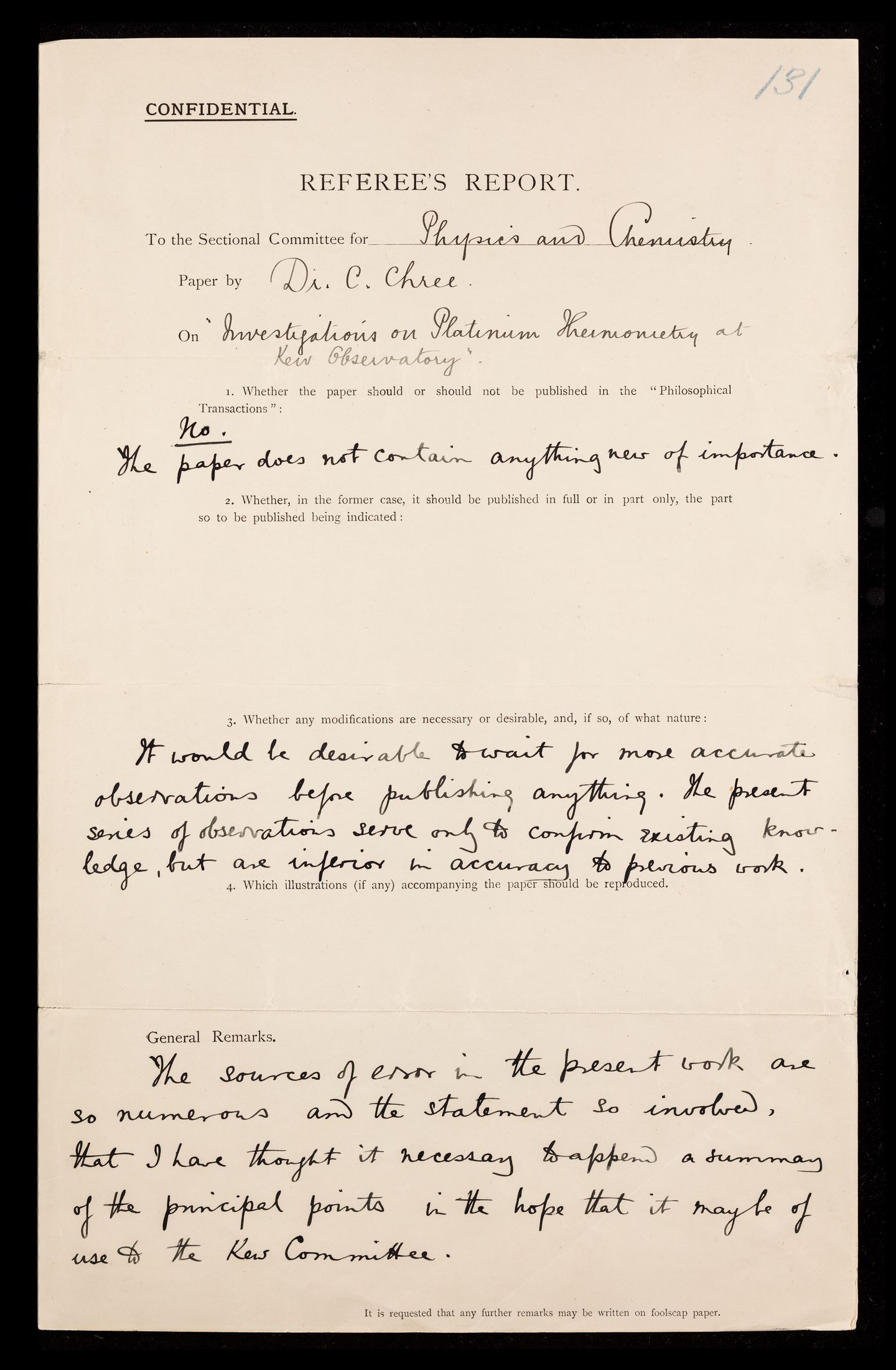 Referee's report by Hugh Longbourne Callendar, on a paper ...
