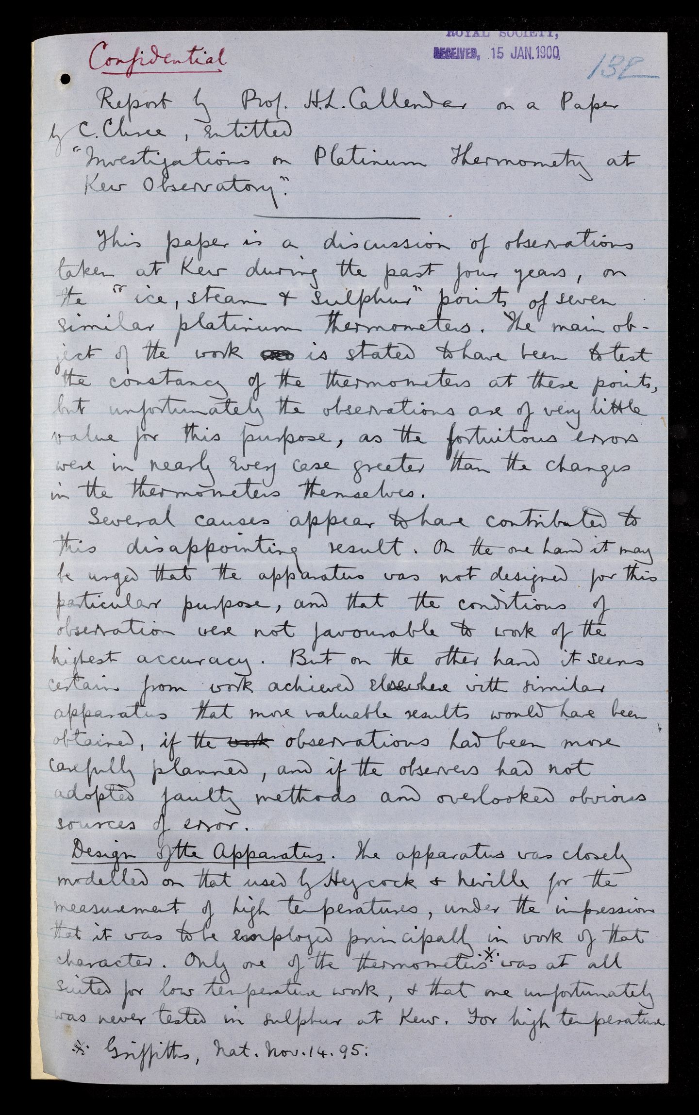 Detailed referee's report by Hugh Longbourne Callendar, on a paper ...