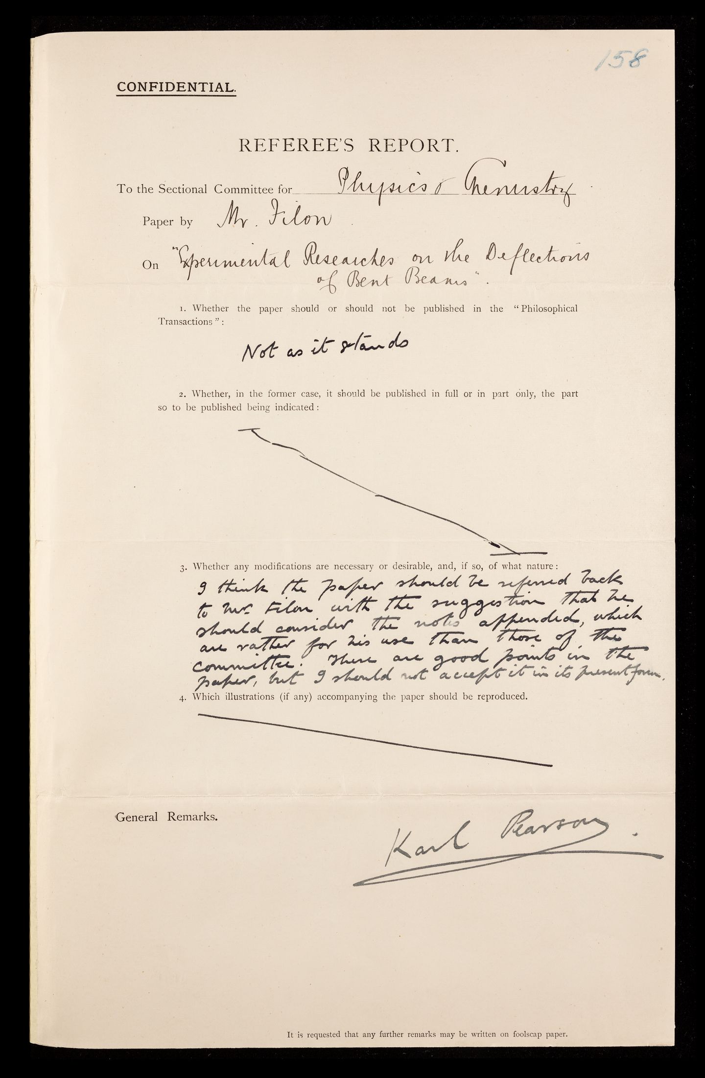 Referee's report by Karl Pearson, on a paper 'Experimental researches ...