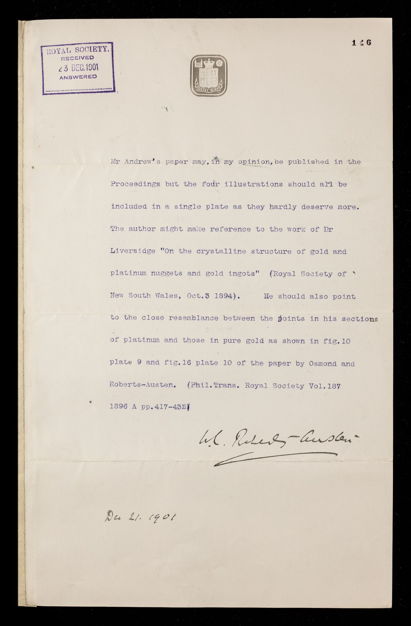 Referee's report by William Chandler Roberts-Austen, on a paper 'Micro ...