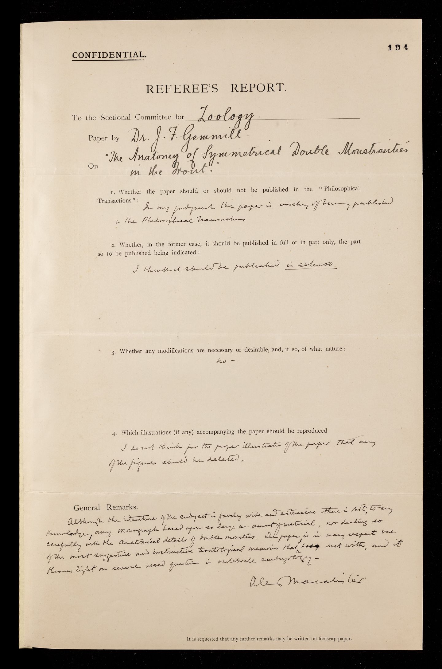 Referee's report by Alexander Macalister, on a paper 'The anatomy of ...