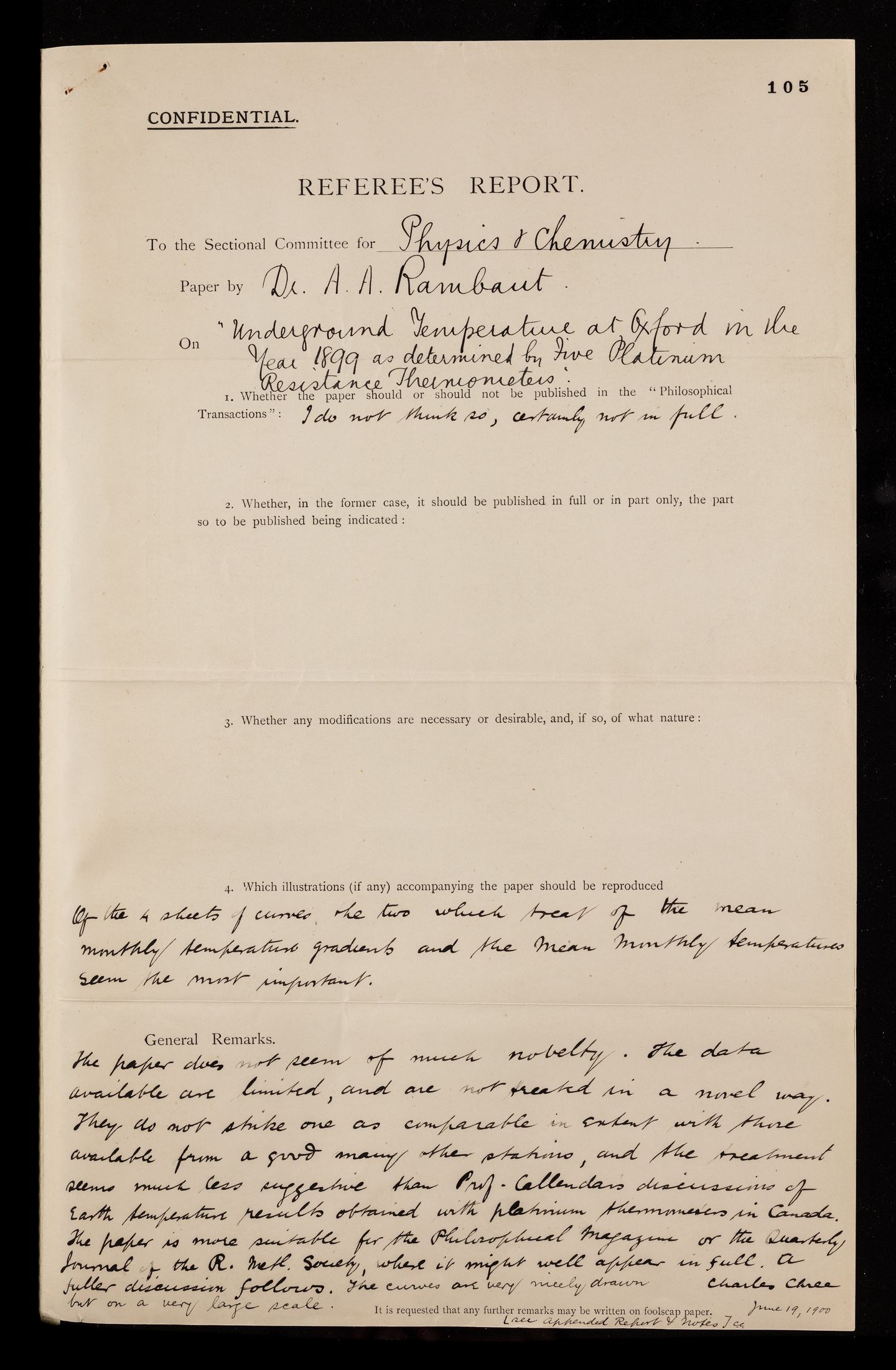 Referee's report by Charles Chree, on a paper 'Underground temperature ...