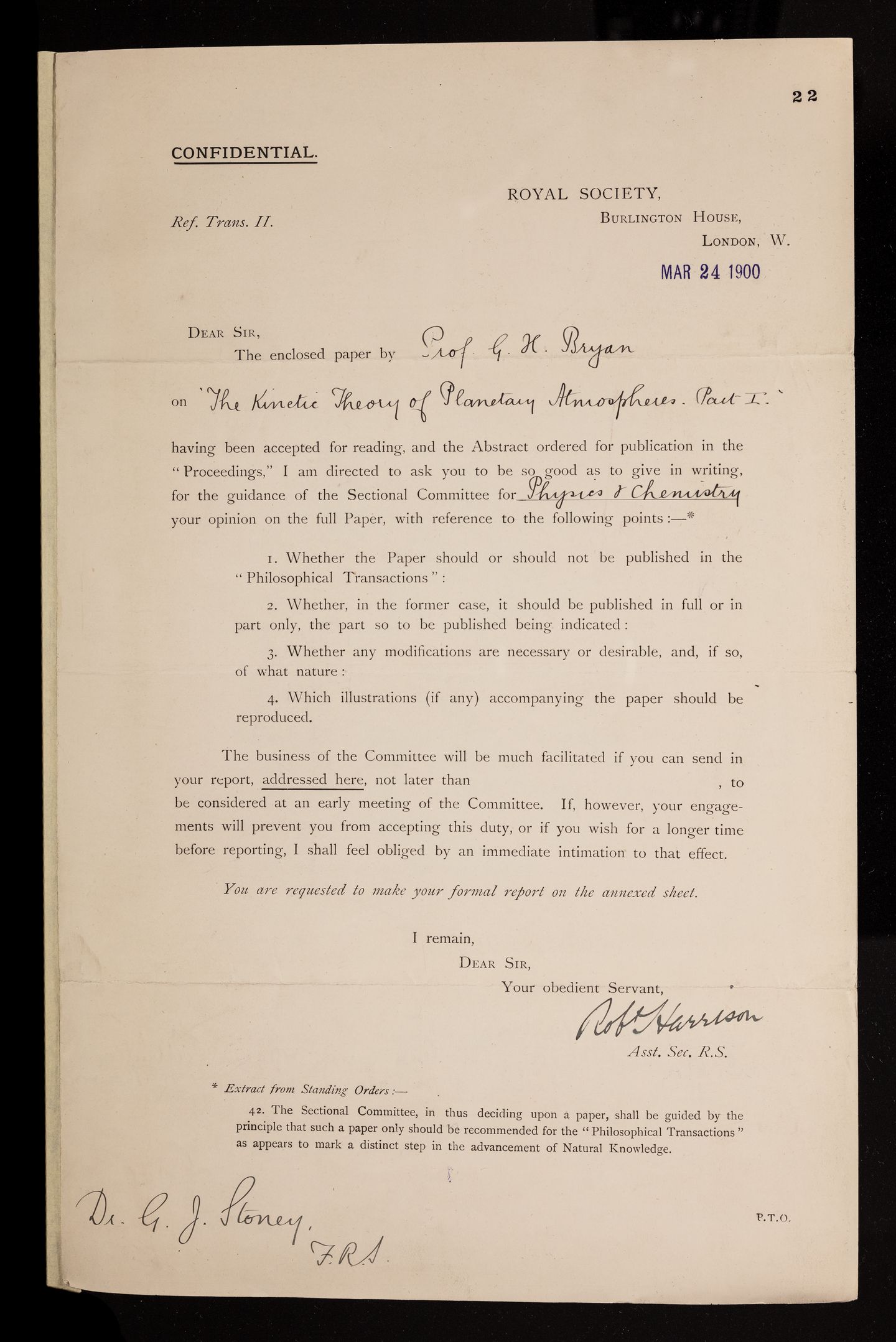 Referee's report by George Johnstone Stoney, on a paper 'The kinetic ...