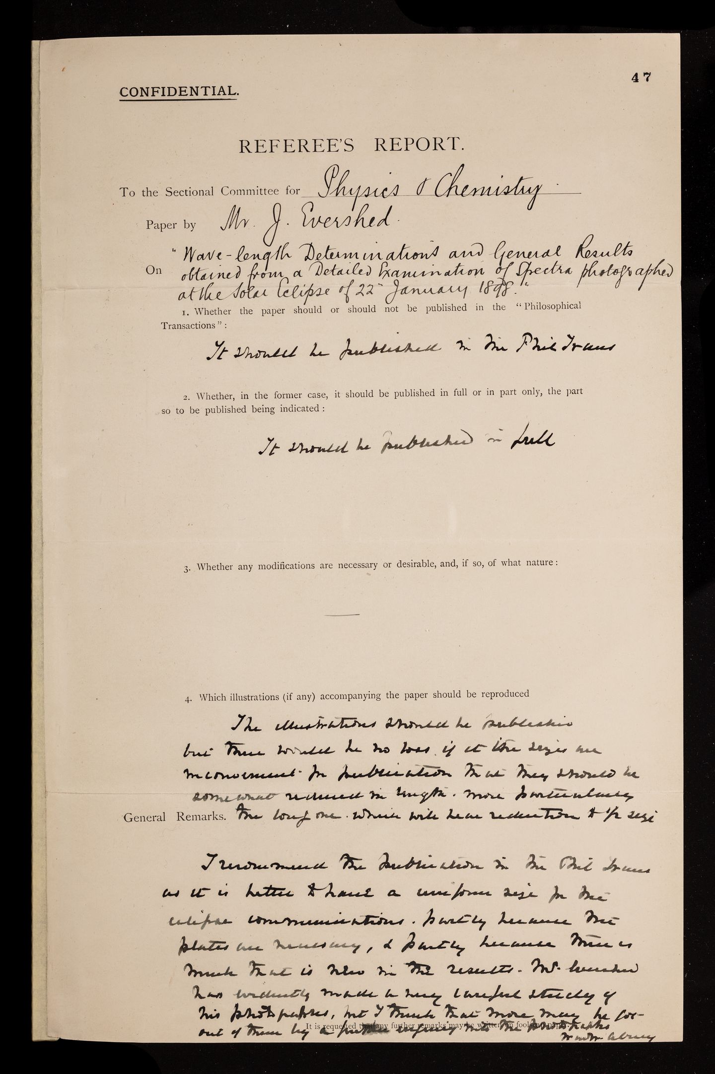 Referee's report by William de Wiveleslie Abney, on a paper 'Wave ...