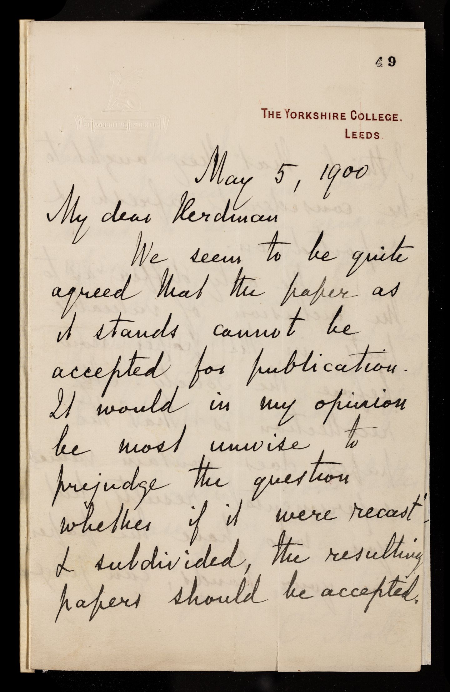 Letter from Louis Compton Miall, on a paper 'Variation' by James Cossar ...