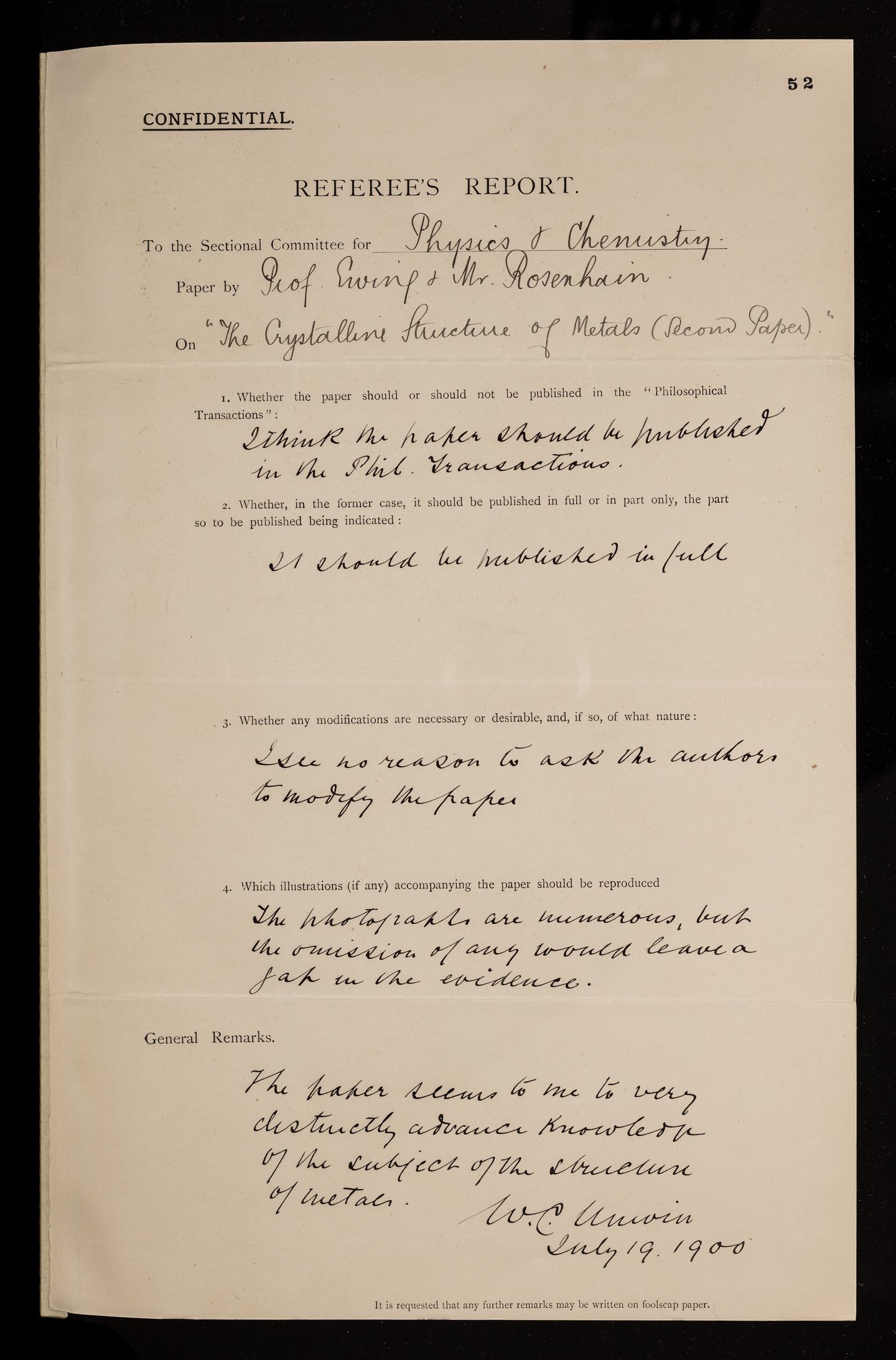 Referee's report by William Cawthorne Unwin, on the Bakerian lecture ...