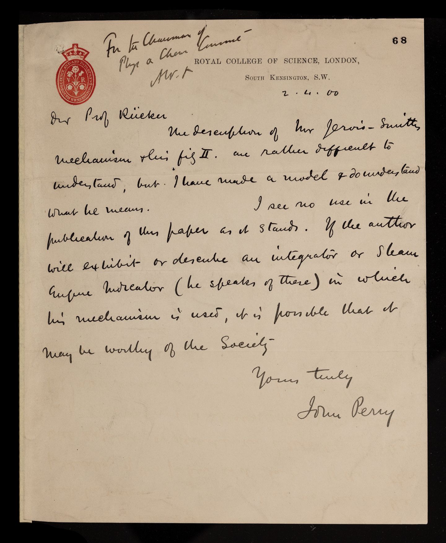 Referee's report by John Perry, on a paper 'A three limbed linkage ...