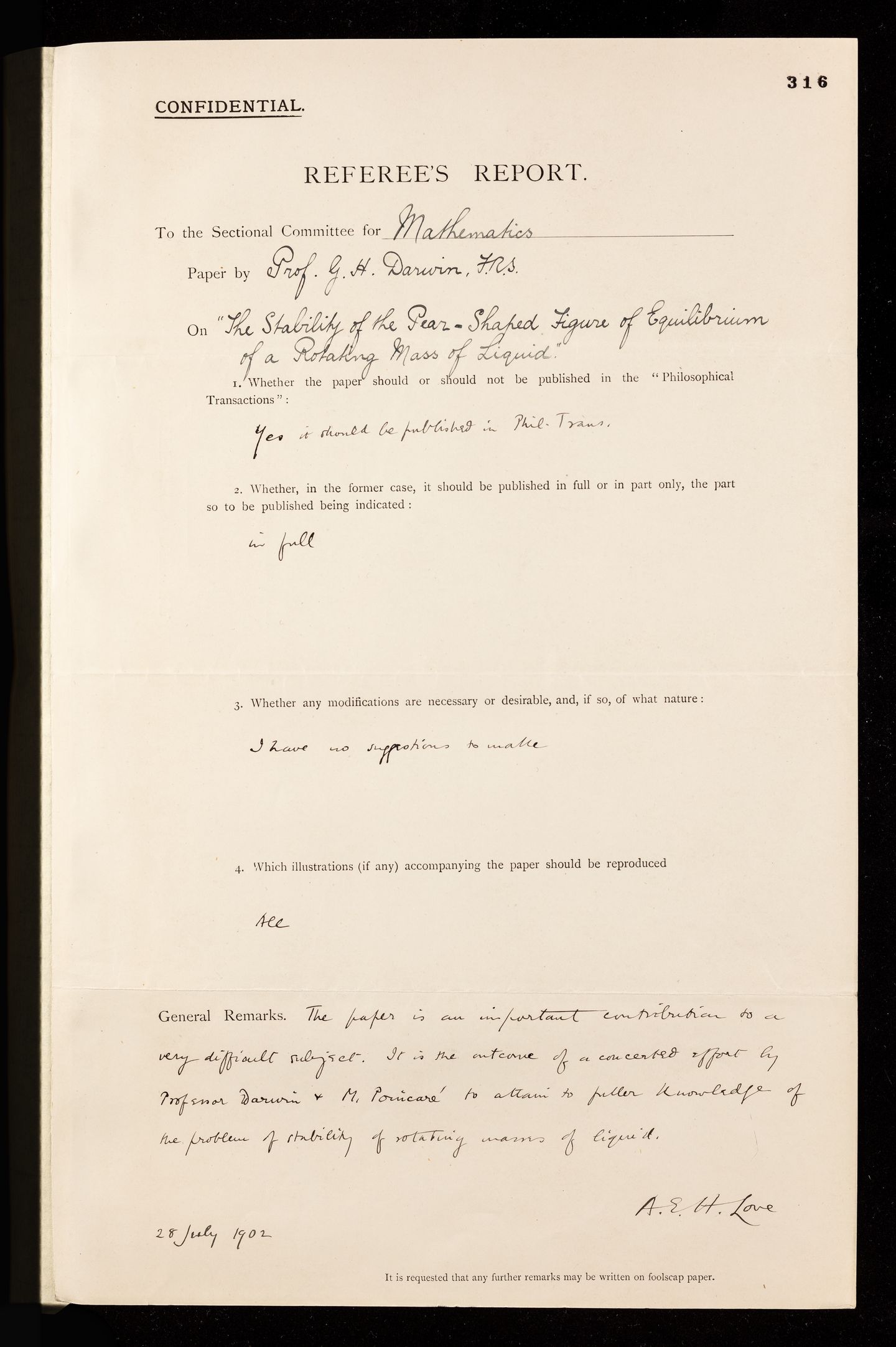Referee's report by Augustus Edward Hough Love, on a paper 'The ...