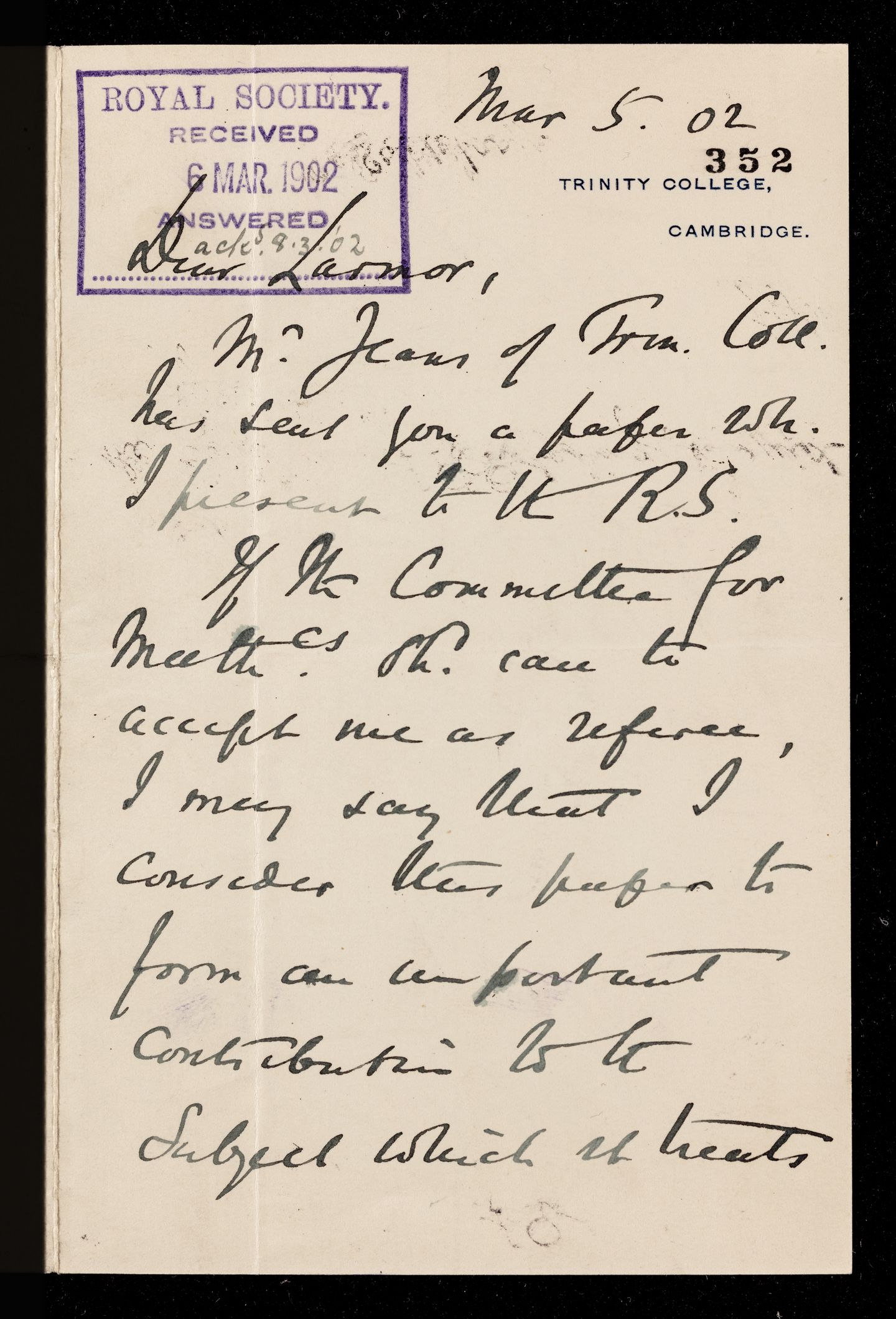 Letter from George Howard Darwin, on a paper 'The equilibrium of ...
