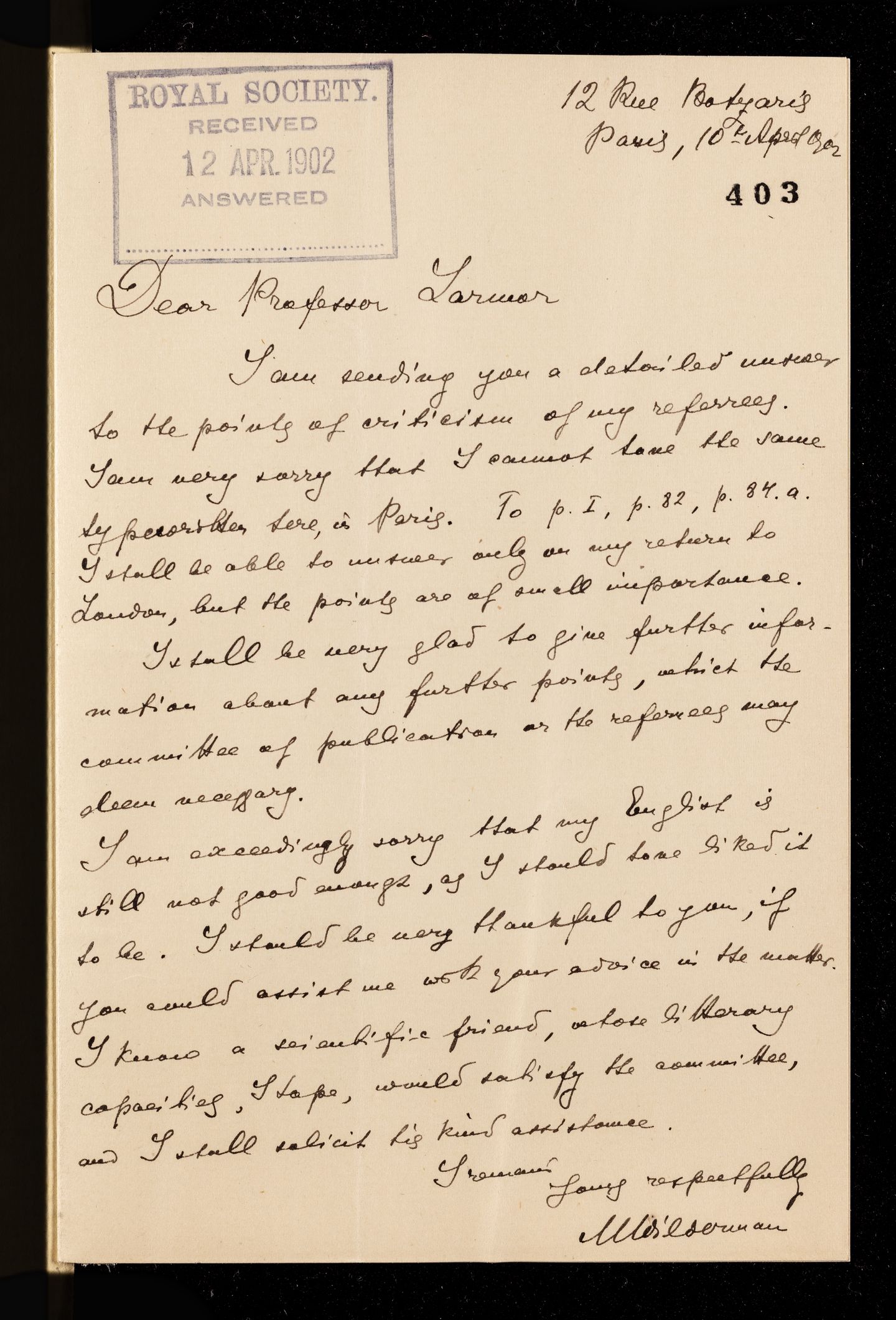 Second letter from Meyer Wilderman, on his paper 'Chemical dynamics and ...