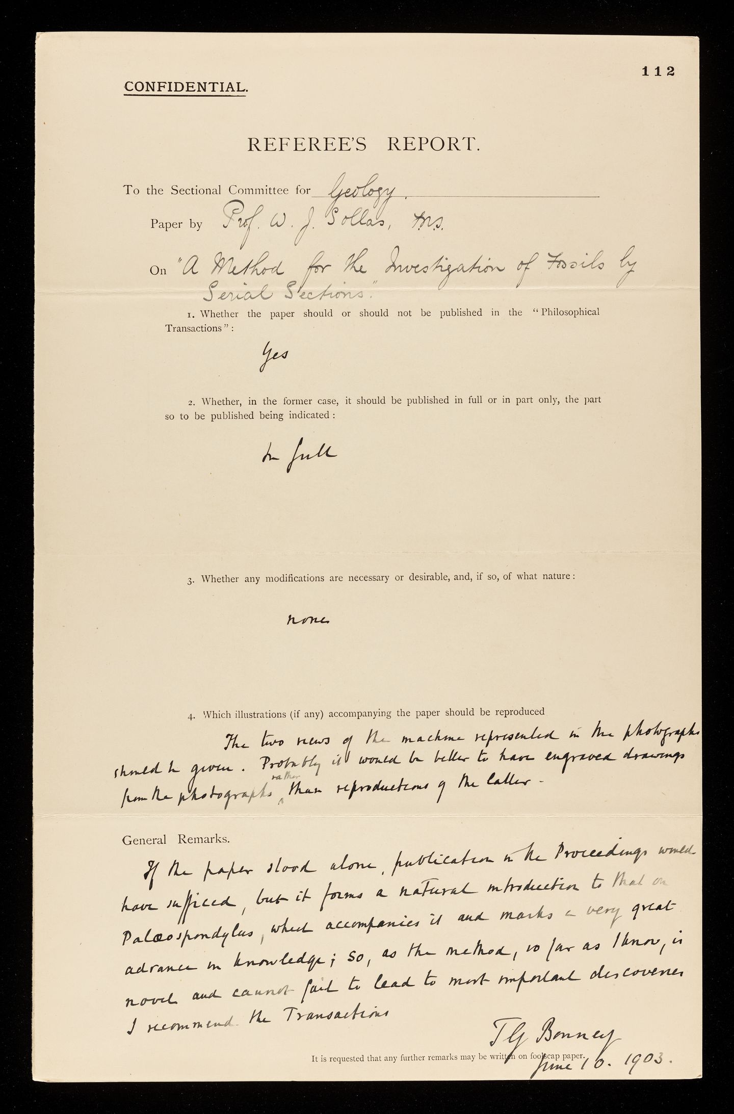 Referee's report by Thomas George Bonney, on a paper 'A method for the ...