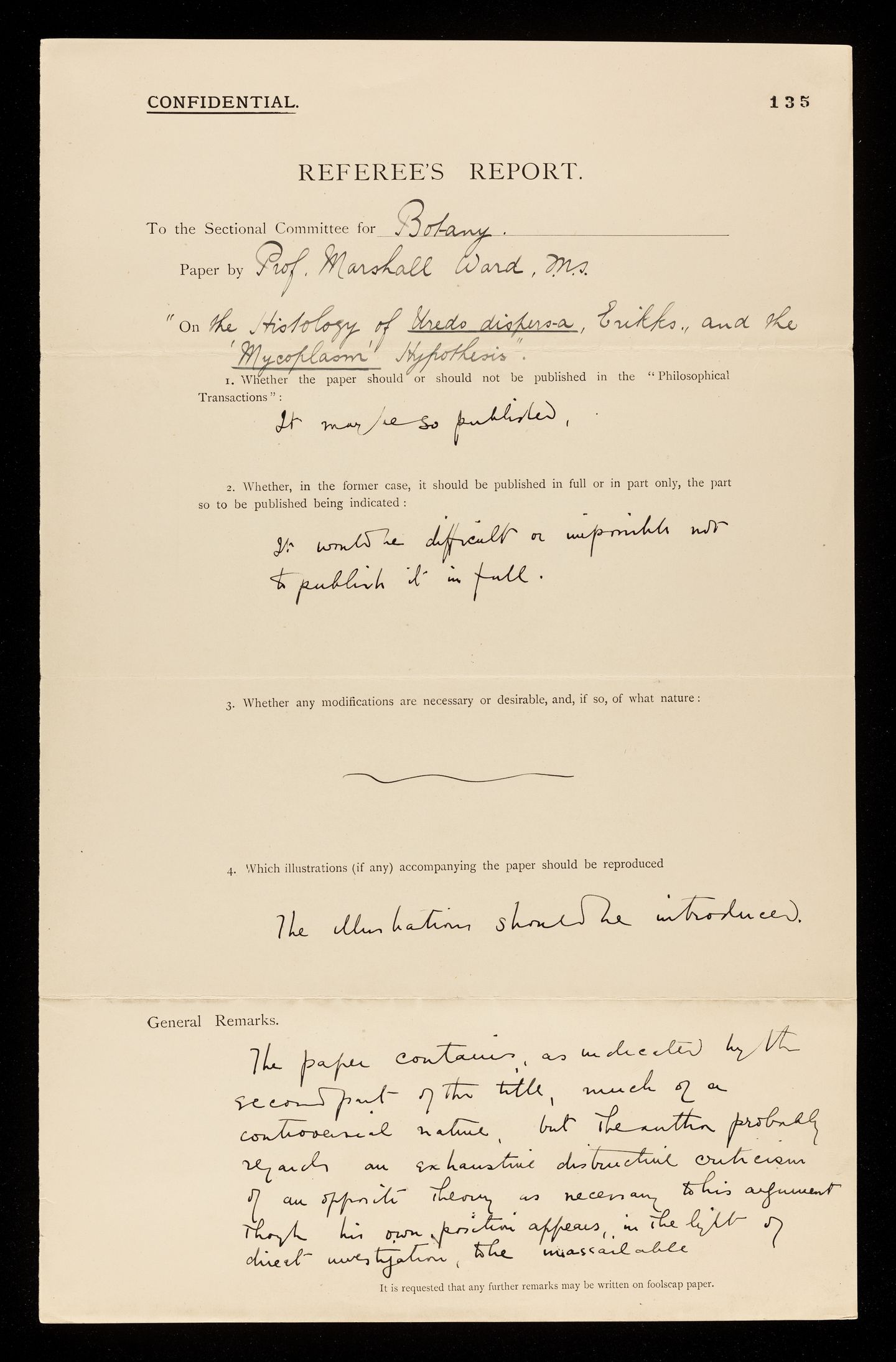 Referee's report by John Bretland Farmer, on a paper 'The histology of ...