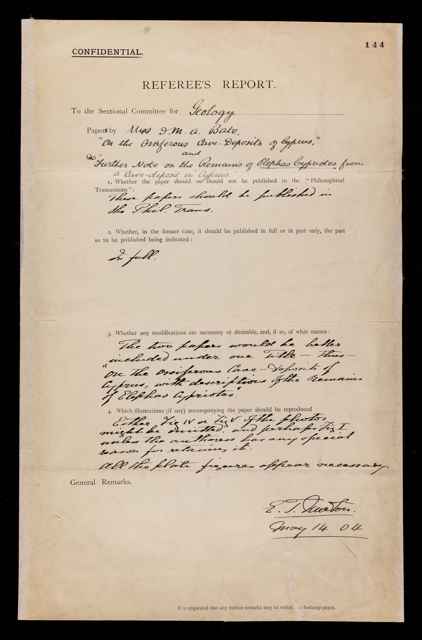 Referee's report by Edwin Tulley Newton, on two papers 'On the ...