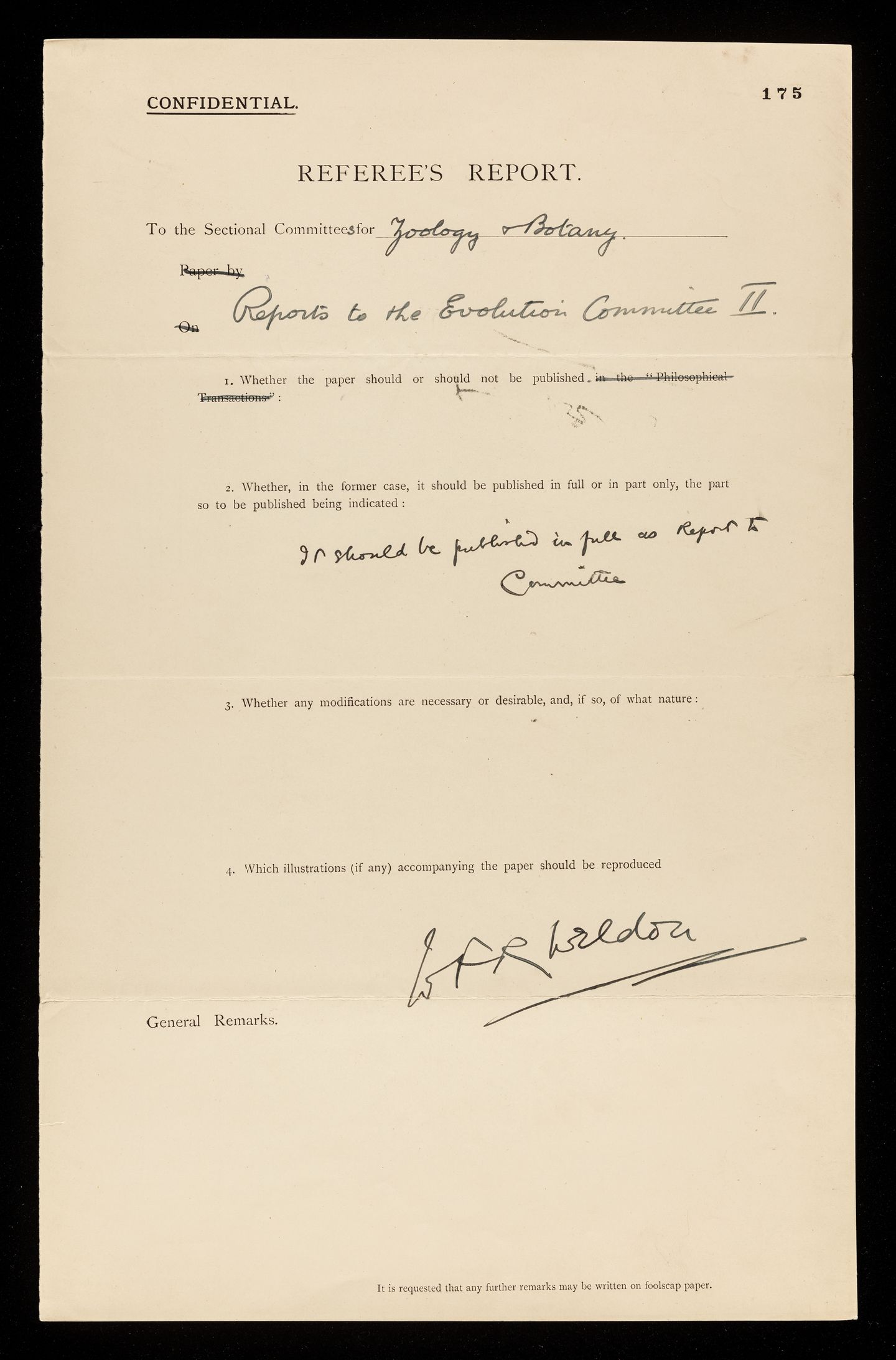 Referee's report by Walter Frank Raphael Weldon, on reports to the ...