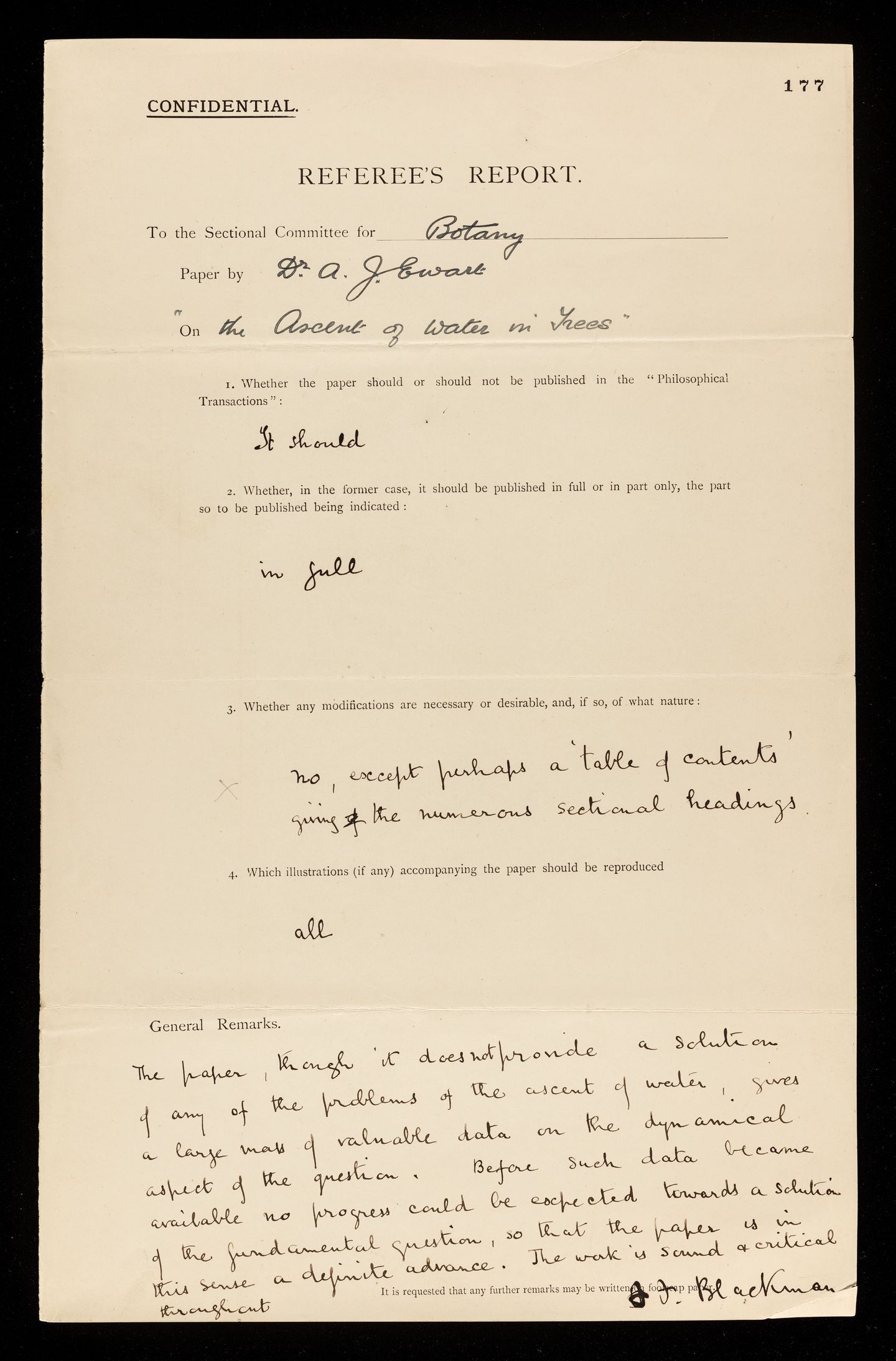 Referee's report by Frederick Frost Blackman, on a paper 'The ascent of water in trees' by ...