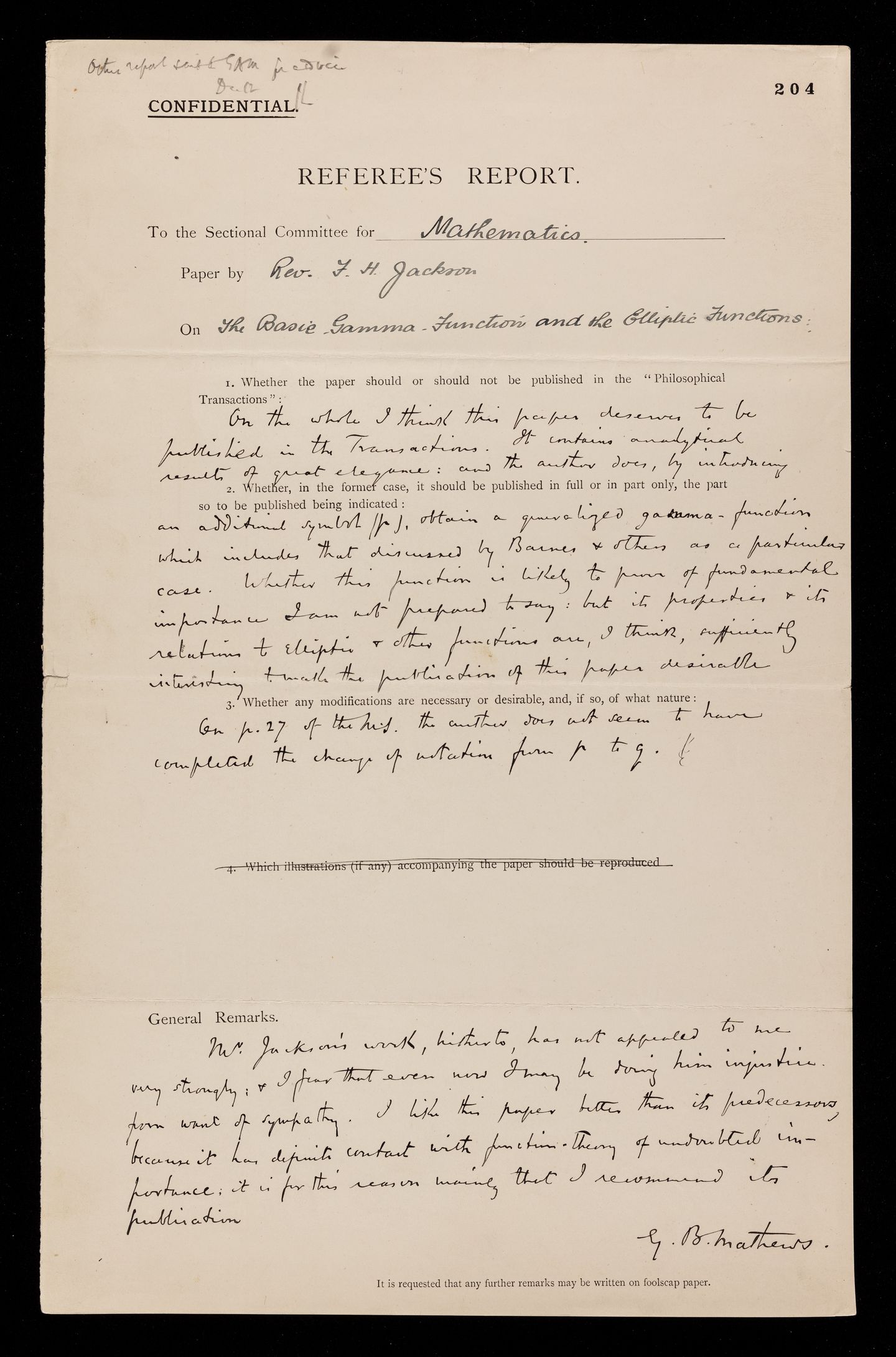 Referee's report by George Ballard Mathews, on a paper 'The Basic-Gamma-Function and the ...