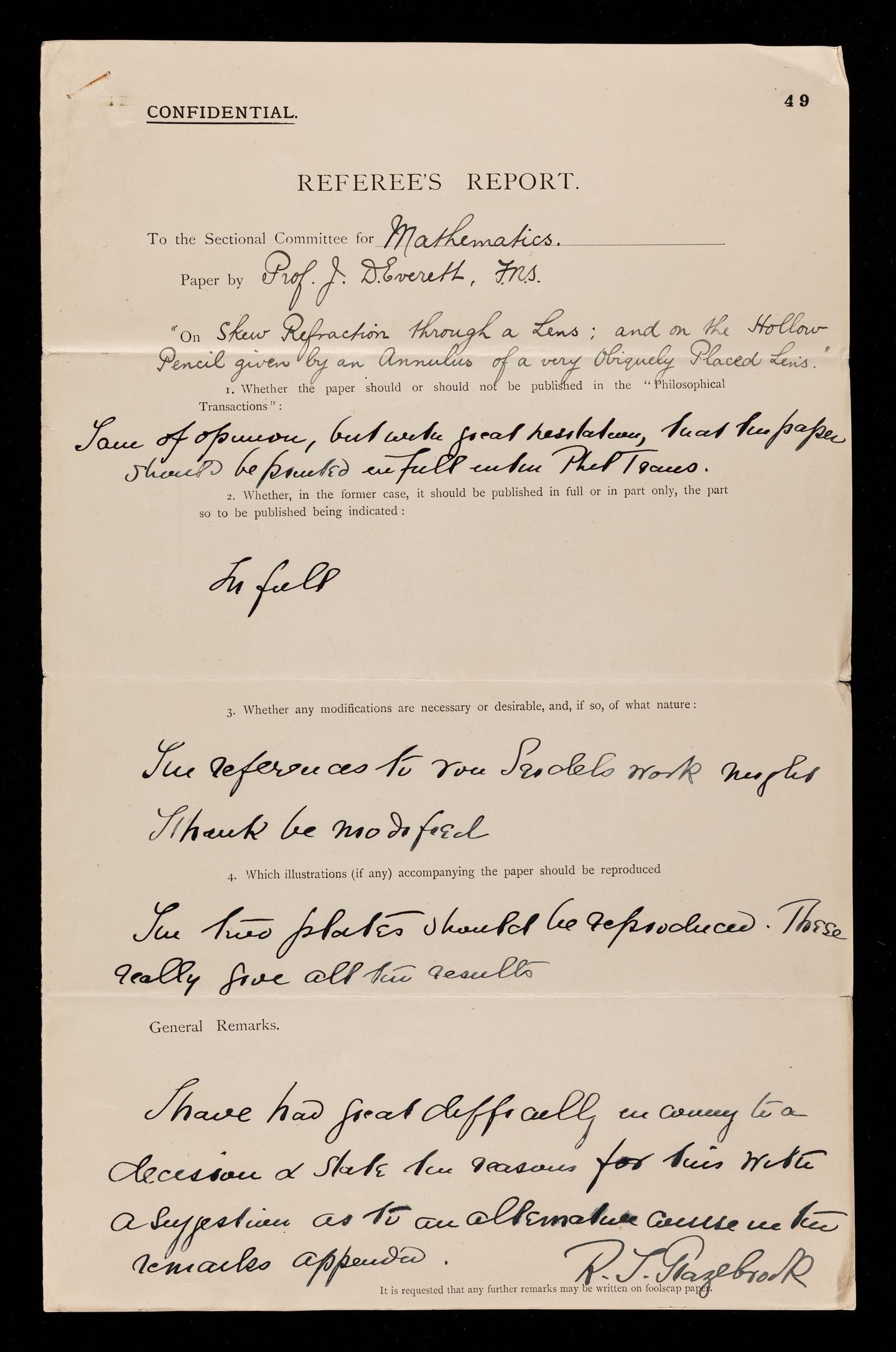 Referee's report by Richard Tetley Glazebook, on a paper 'Skew ...