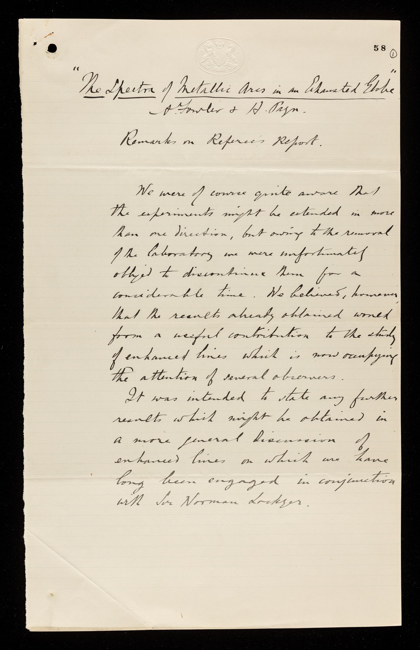 Letter from Alfred Fowler and Howard Payn, in reply to a referee report ...