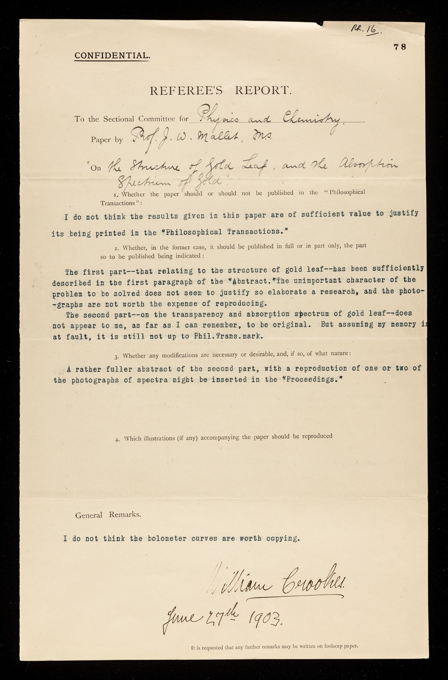 Referee's report by William Crookes, on a paper 'The structure of Gold ...
