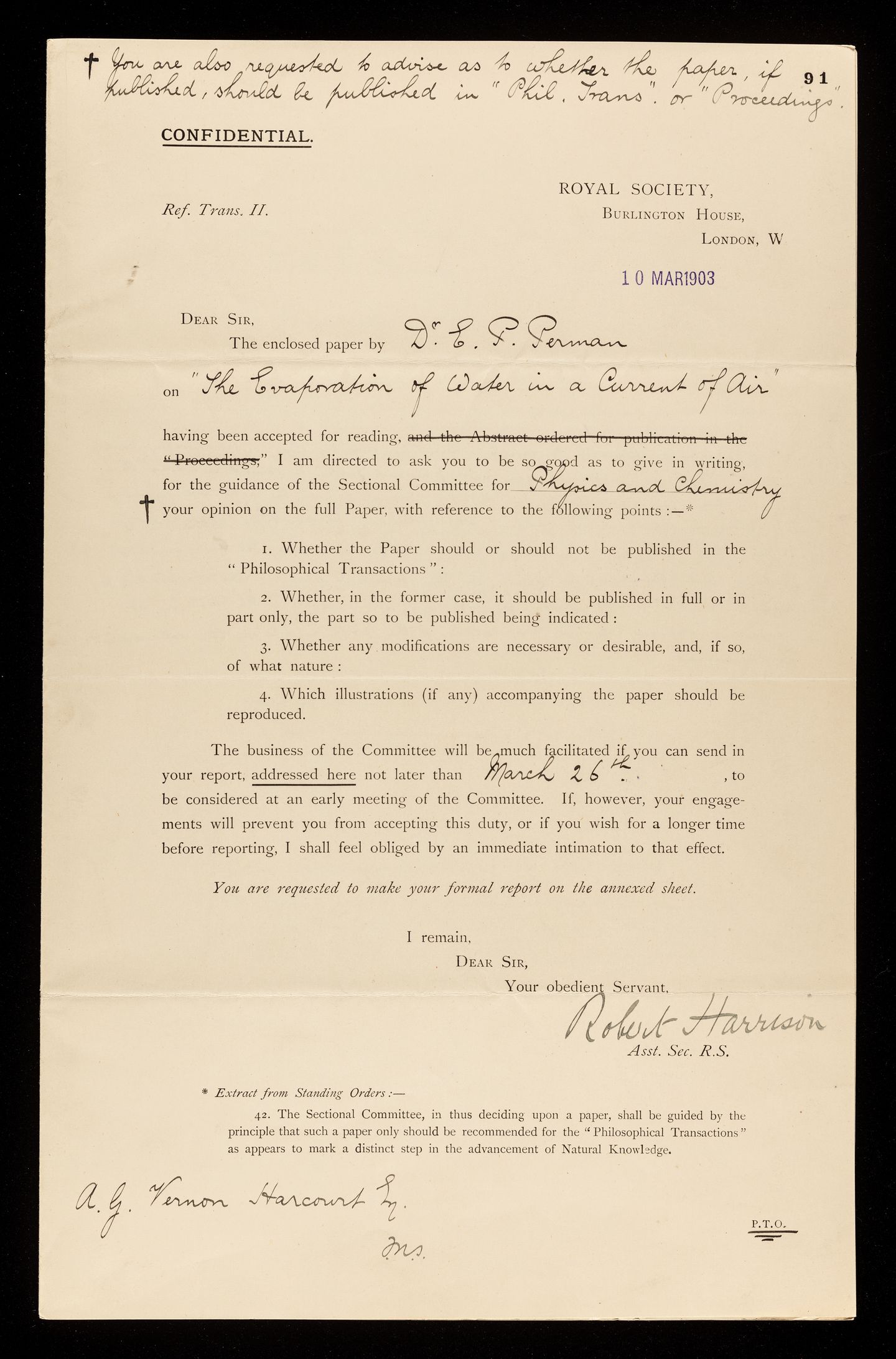 Referee's report by Augustus George Vernon Harcourt, on a paper 'The ...