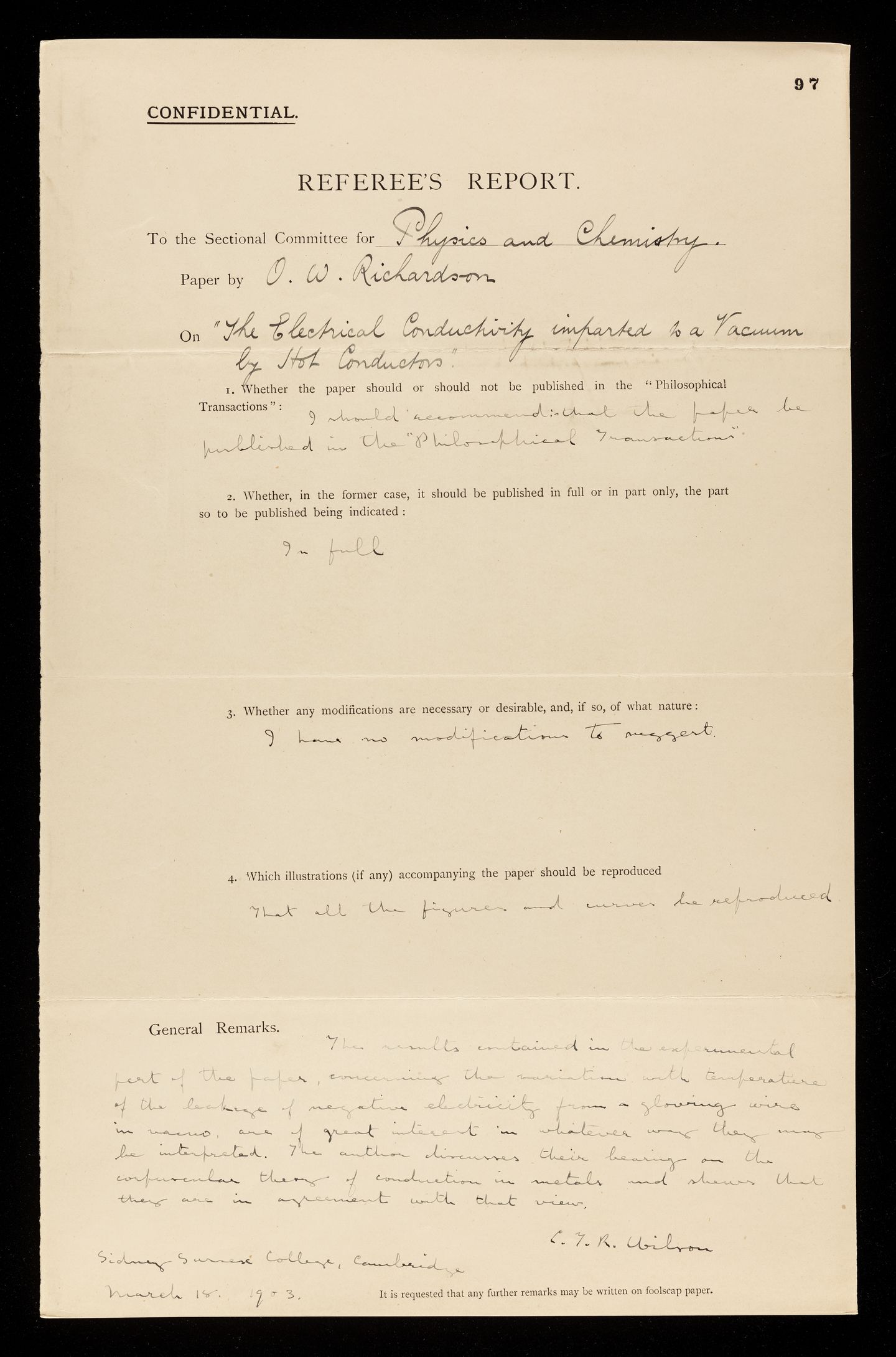 Referee's report by Charles Thomson Rees Wilson, on a paper 'The ...